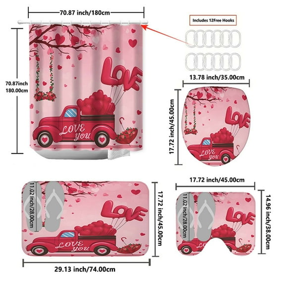 A Bathroom Set With Heart Design Shower Curtain And Mats Includes ...