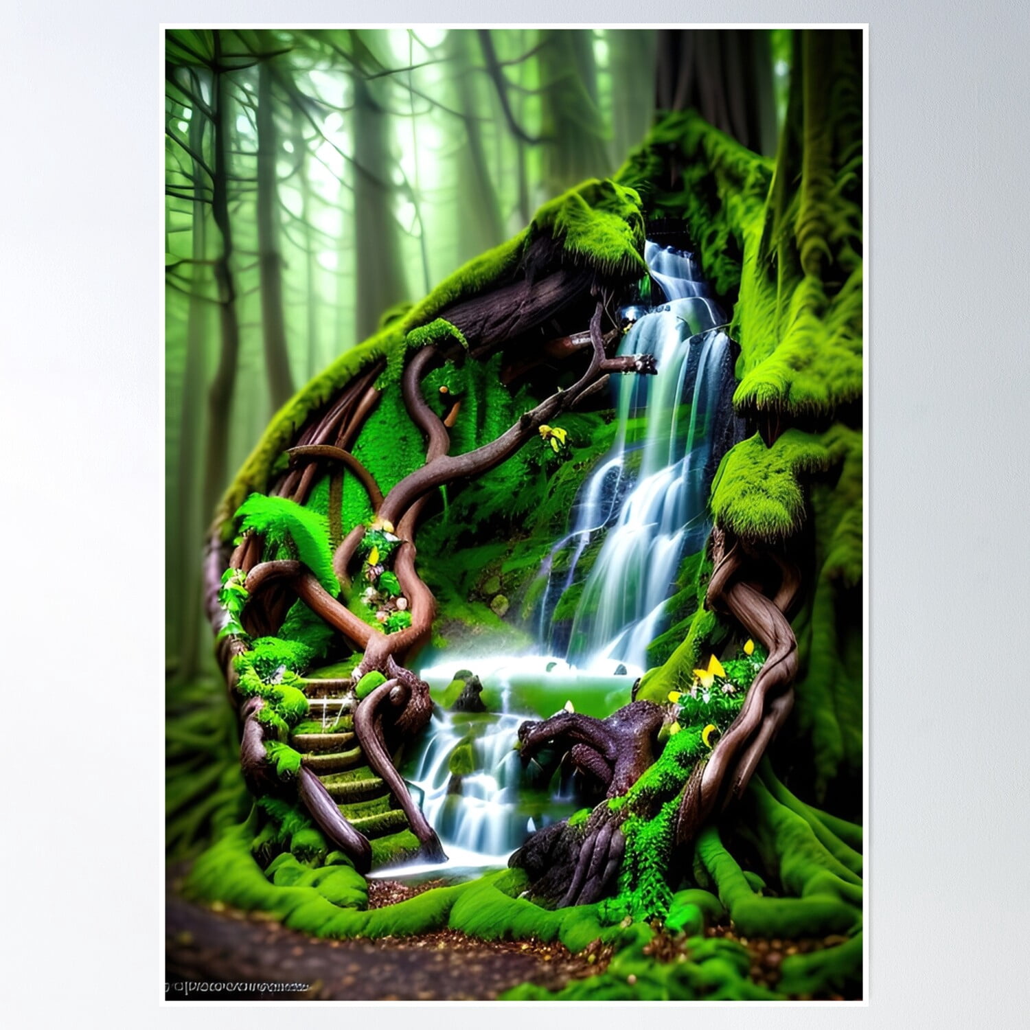A Beautiful Lush Fairycore Elf Forest With Waterfalls Poster Wall Art ...