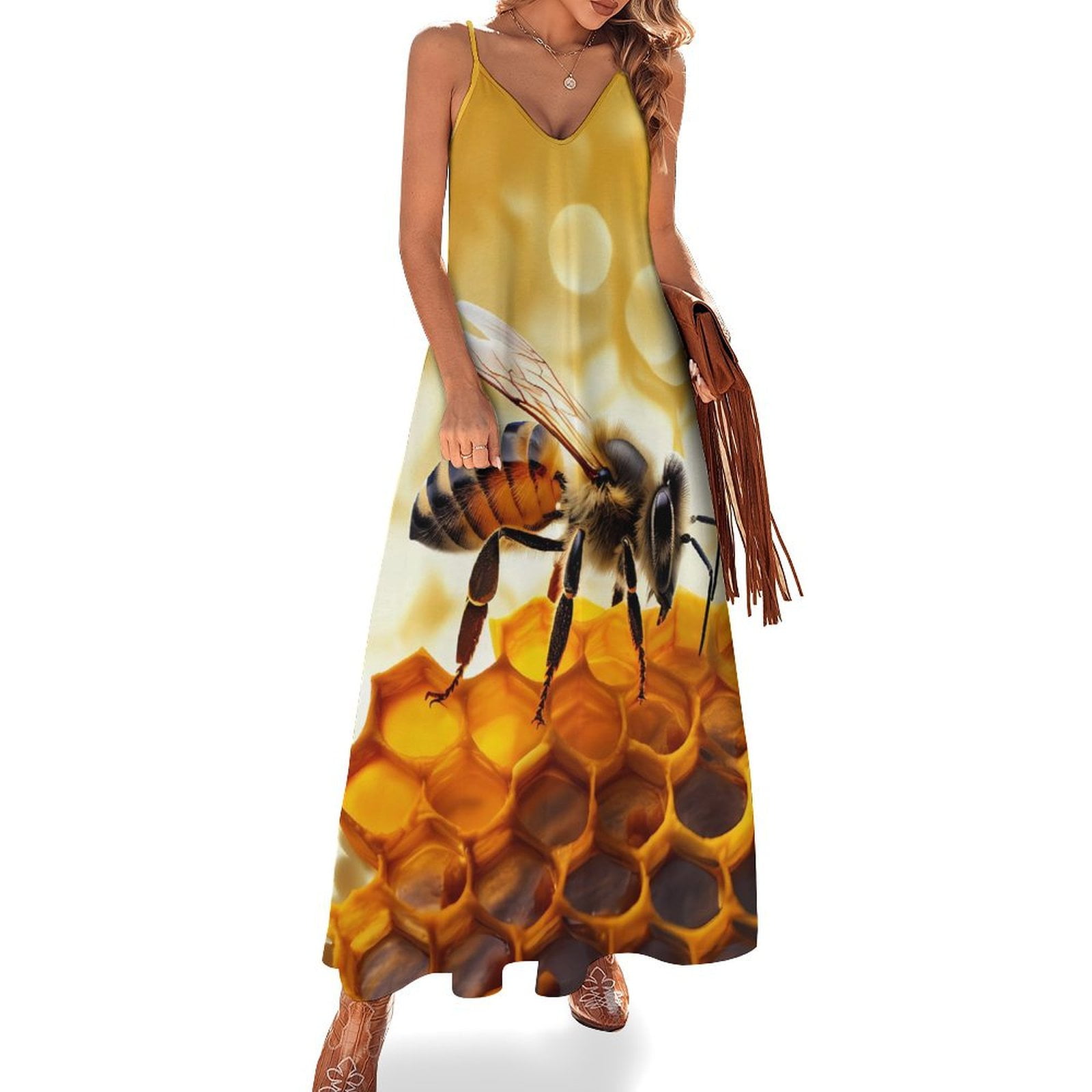 A Bee on An Honeycomb Women's Maxi Dress Spaghetti Strap Bohemian Long ...