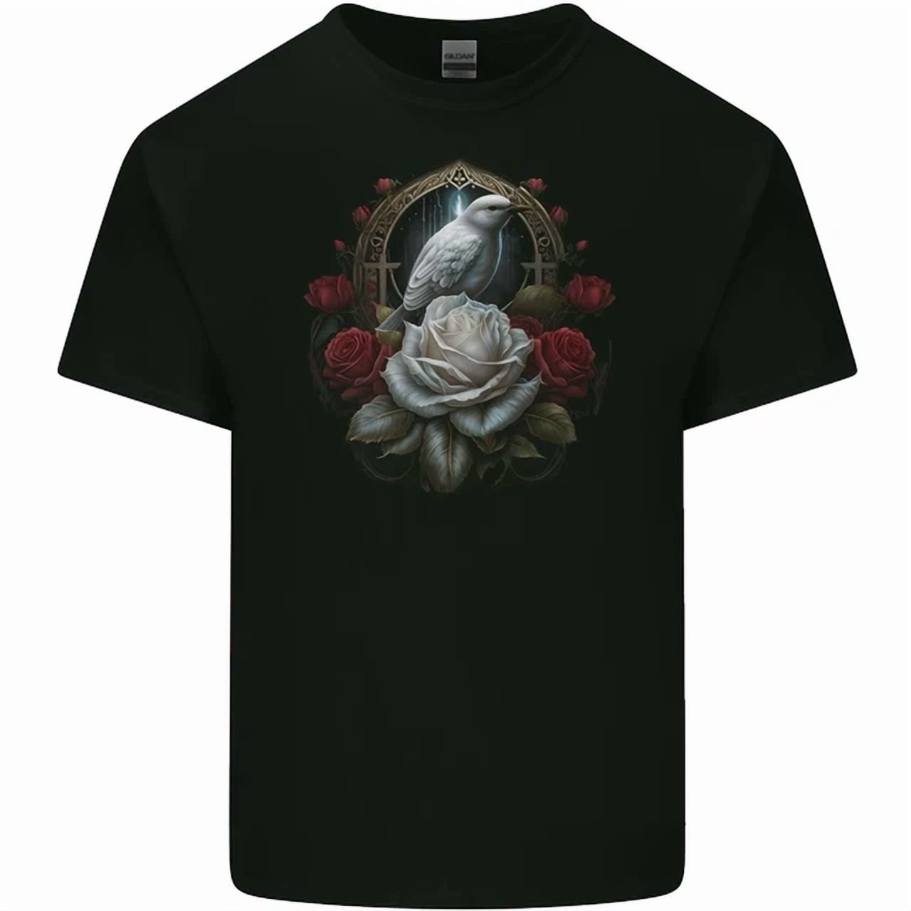 A Bird And Rose In Front Of A Gothic Mirror Mens Womens Light Cotton T ...