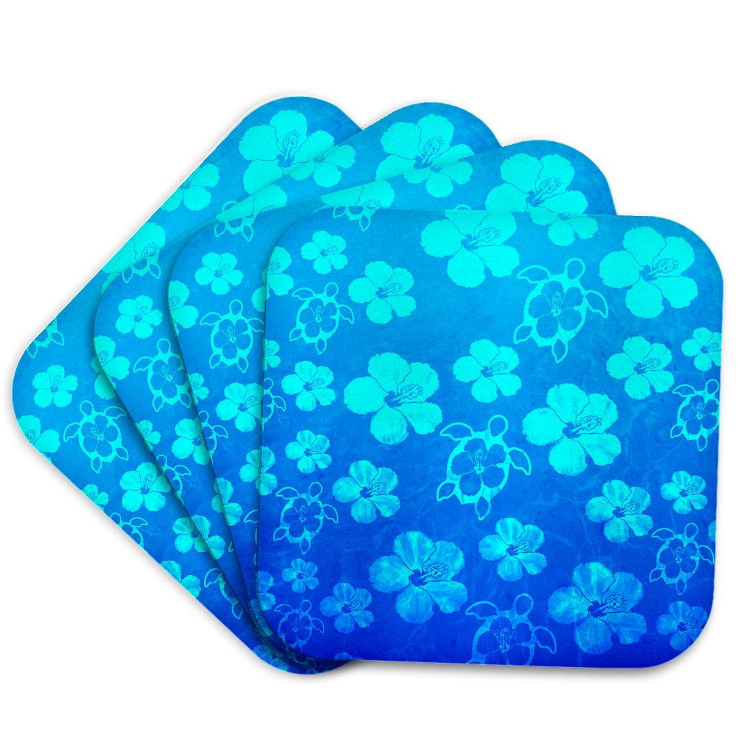 3drose, a Blue and White Pattern of Tropical Hibiscus Flowers and Honu Turtles, Set of 4 ...