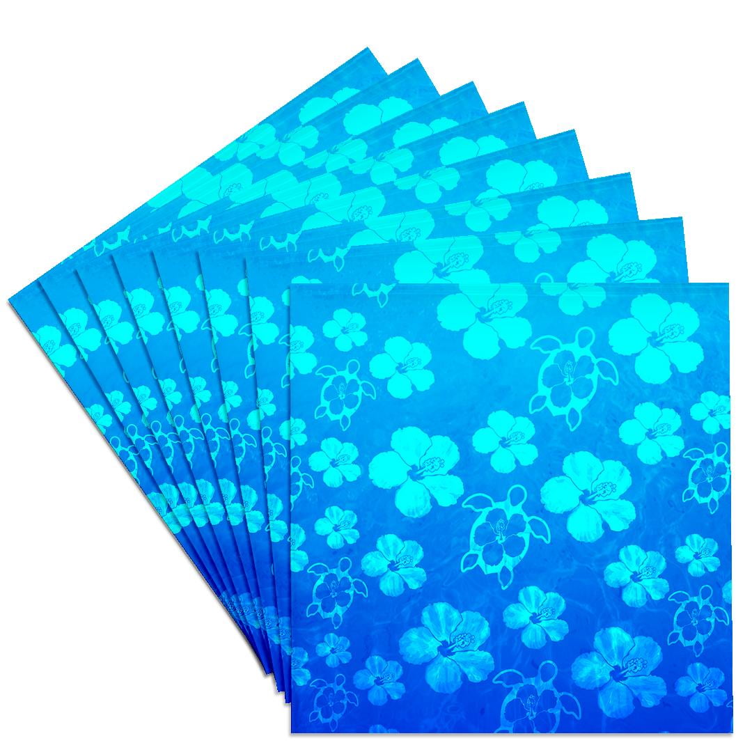 3drose, a Blue and White Pattern of Tropical Hibiscus Flowers and Honu Turtles, Set of 8 Ceramic ...