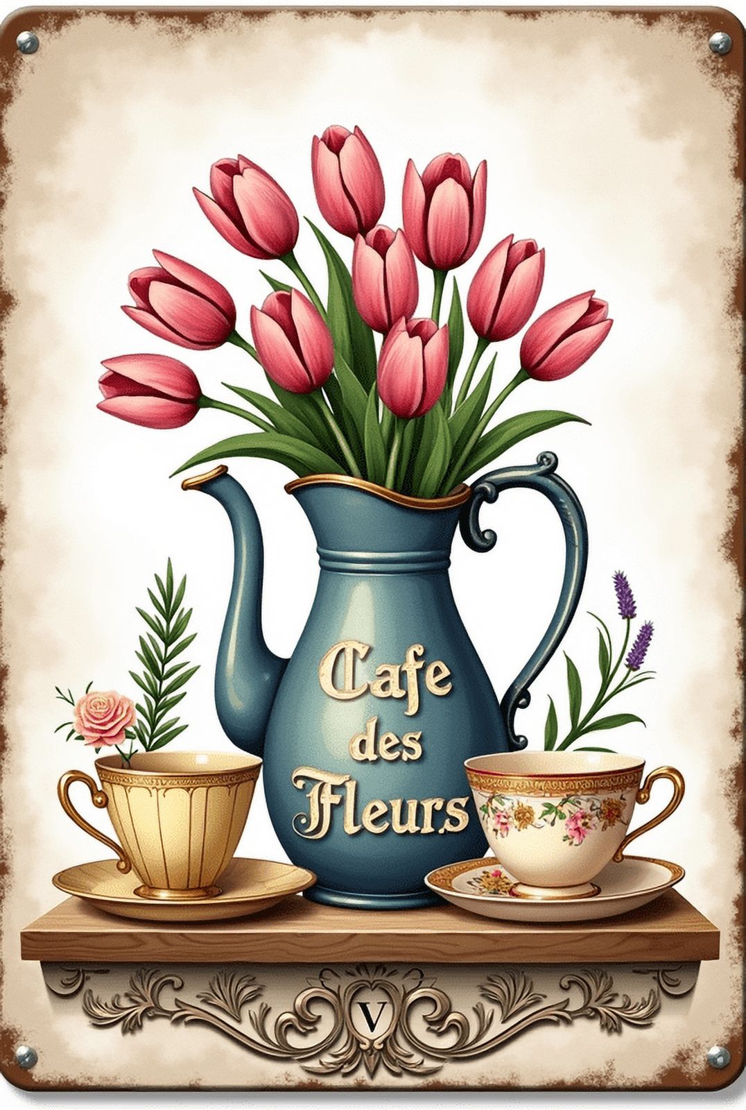 A Blue Pitcher With Tulips In It Sitting On A Tablealuminum Tin Sign ...
