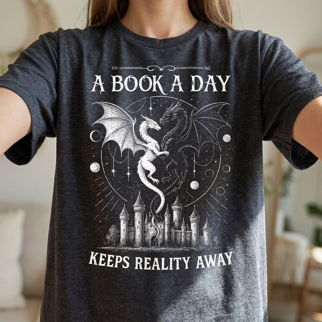 A Book A Day Keeps Reality Away Shirt, Dragon Fantasy Graphic Tee ...