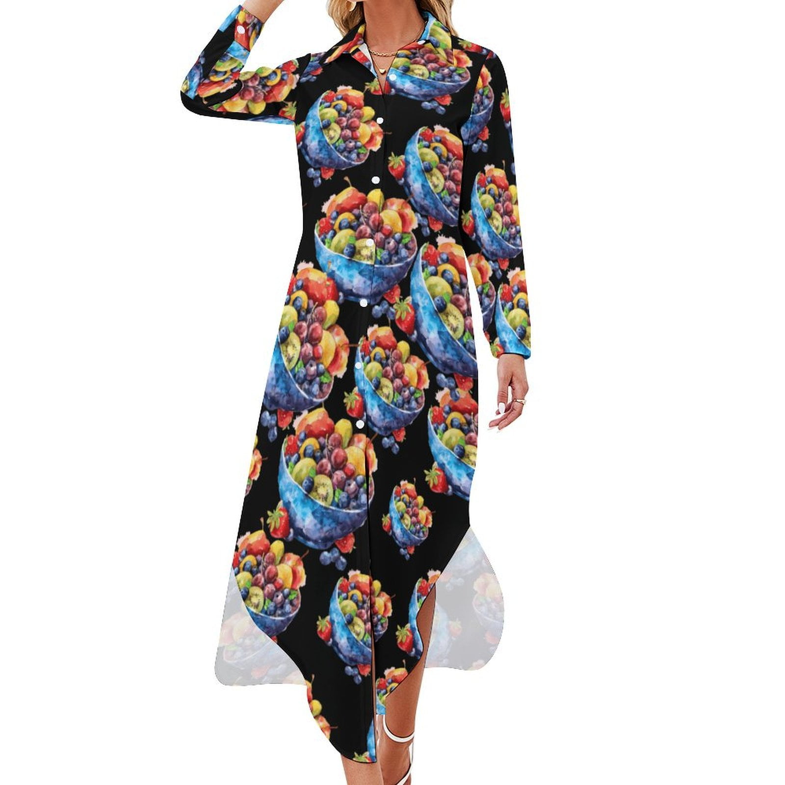 A Bowl with Fruits Watercolor Women's Maxi T Shirt Dress Long Sleeve ...