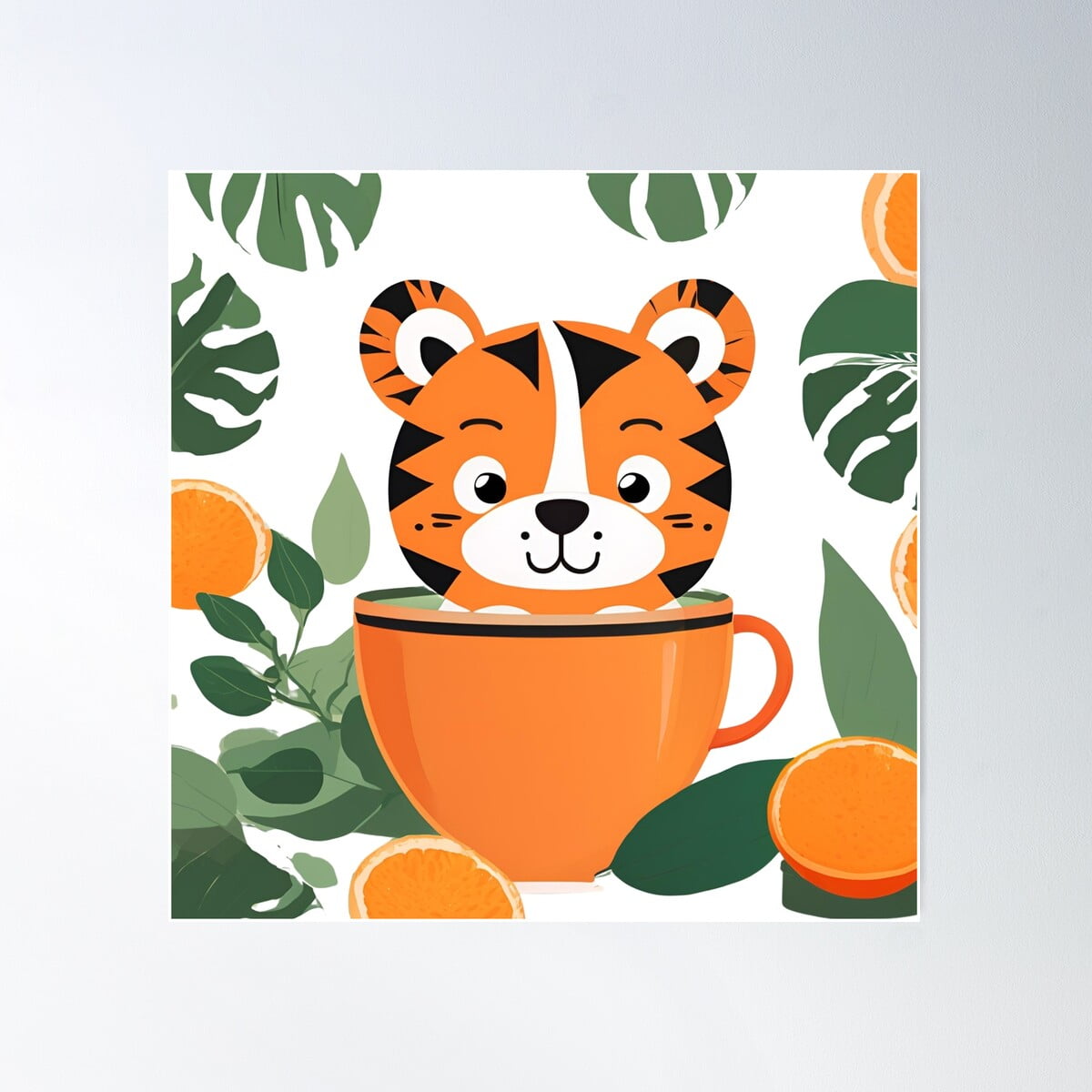 A Cartoon Tiger Is Sitting In A Cup With Oranges Poster Wall Art ...