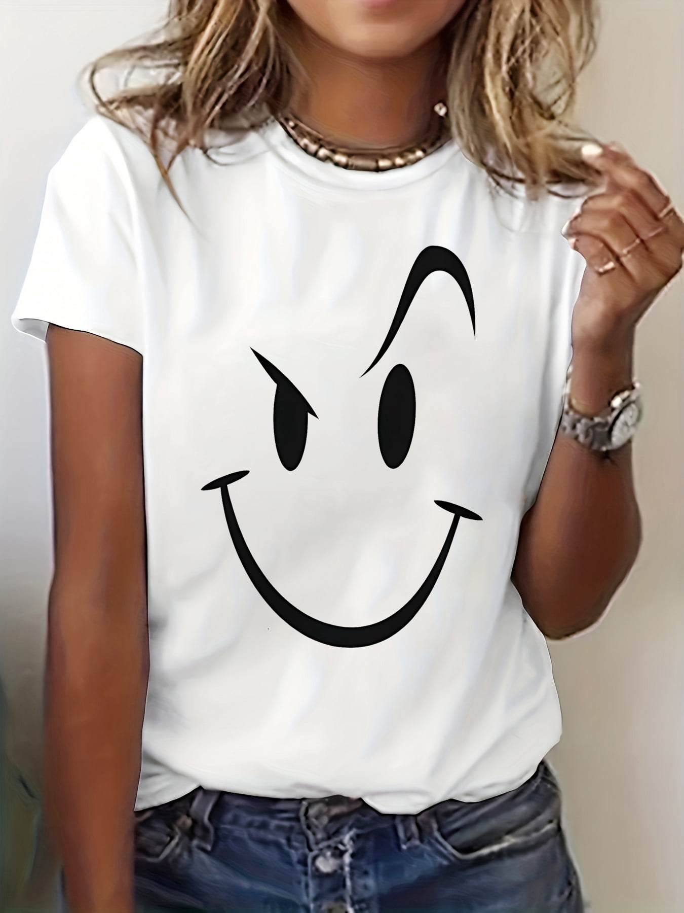 A Casual Short-Sleeve Crew Neck T-Shirt Featuring a Humorous Face ...