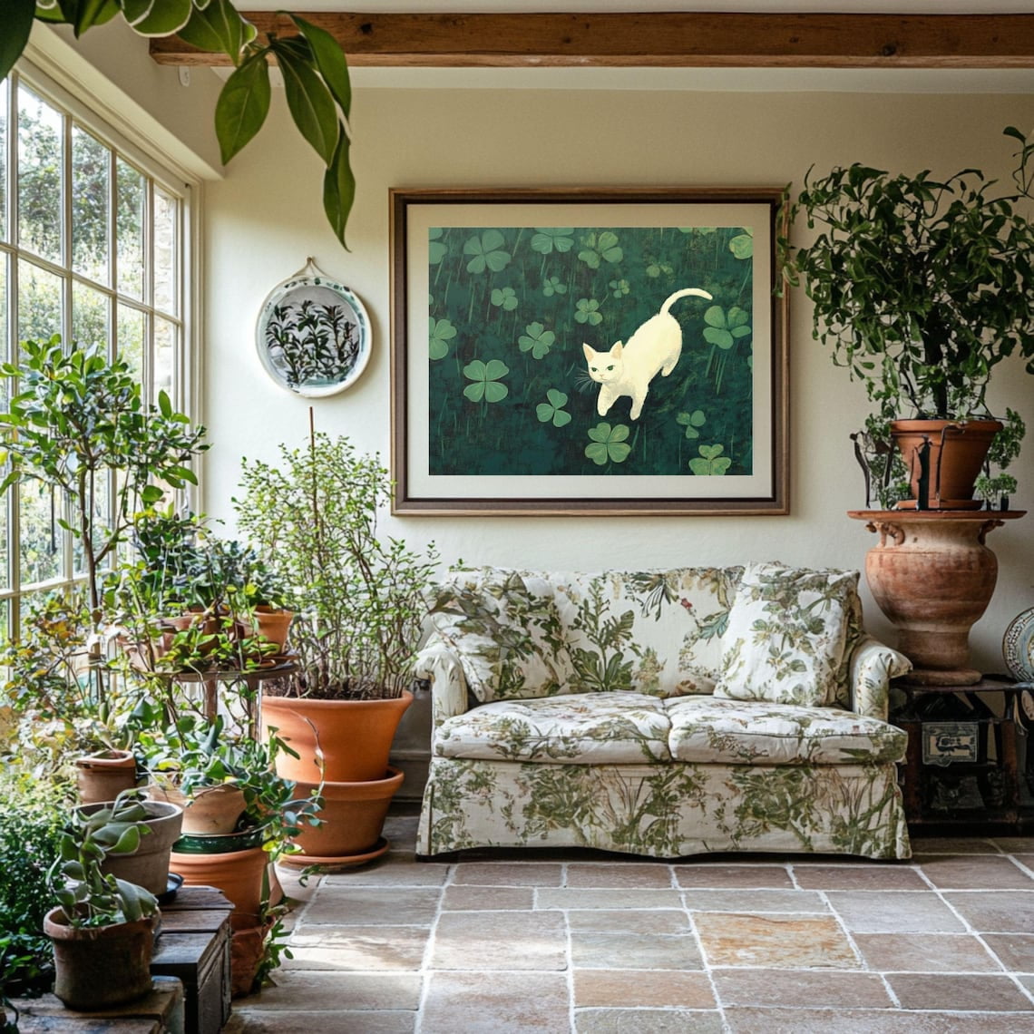 A Cat In Clovers White Cat Clover Cute Cat Lawn Poster Unframed Paper ...
