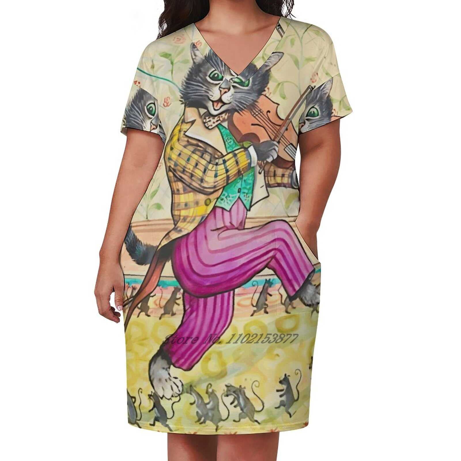 A Cat Playing A Fiddle By Louis Wain Loose Pocket Dress Print Short Sleeve Dresses V-Neck Dress ...