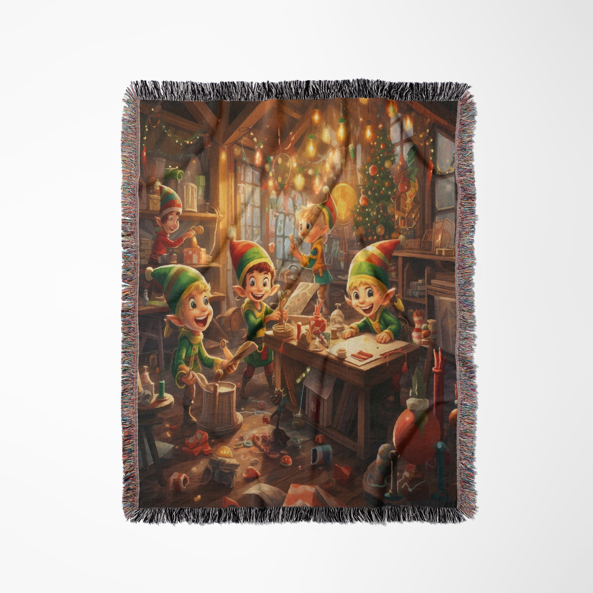 A Christmas Illustration Of A Group Of Elves Working In The Workshop ...