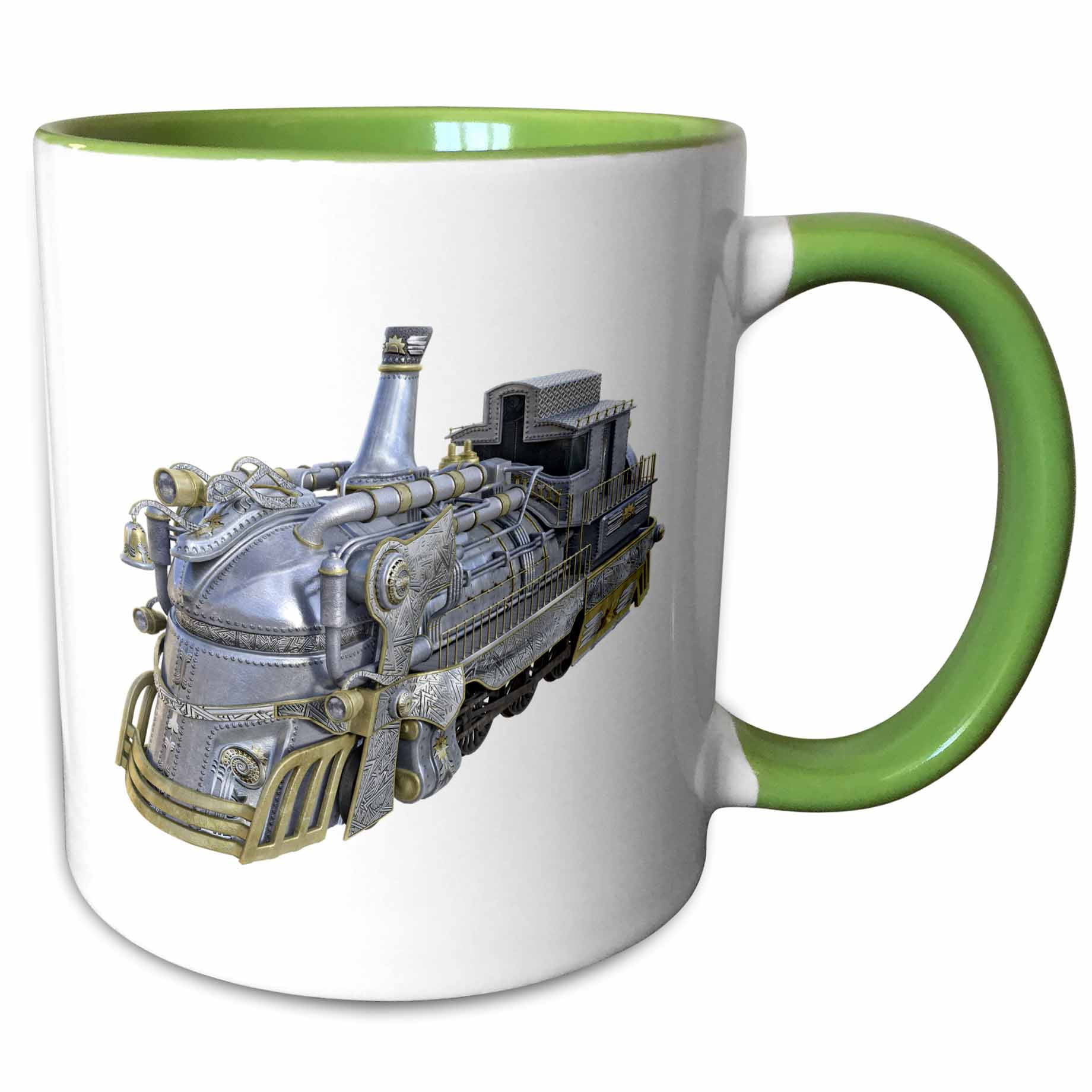 3drose, a Chrome and Gold Steampunk Train Engine, 15oz Two-tone Green ...