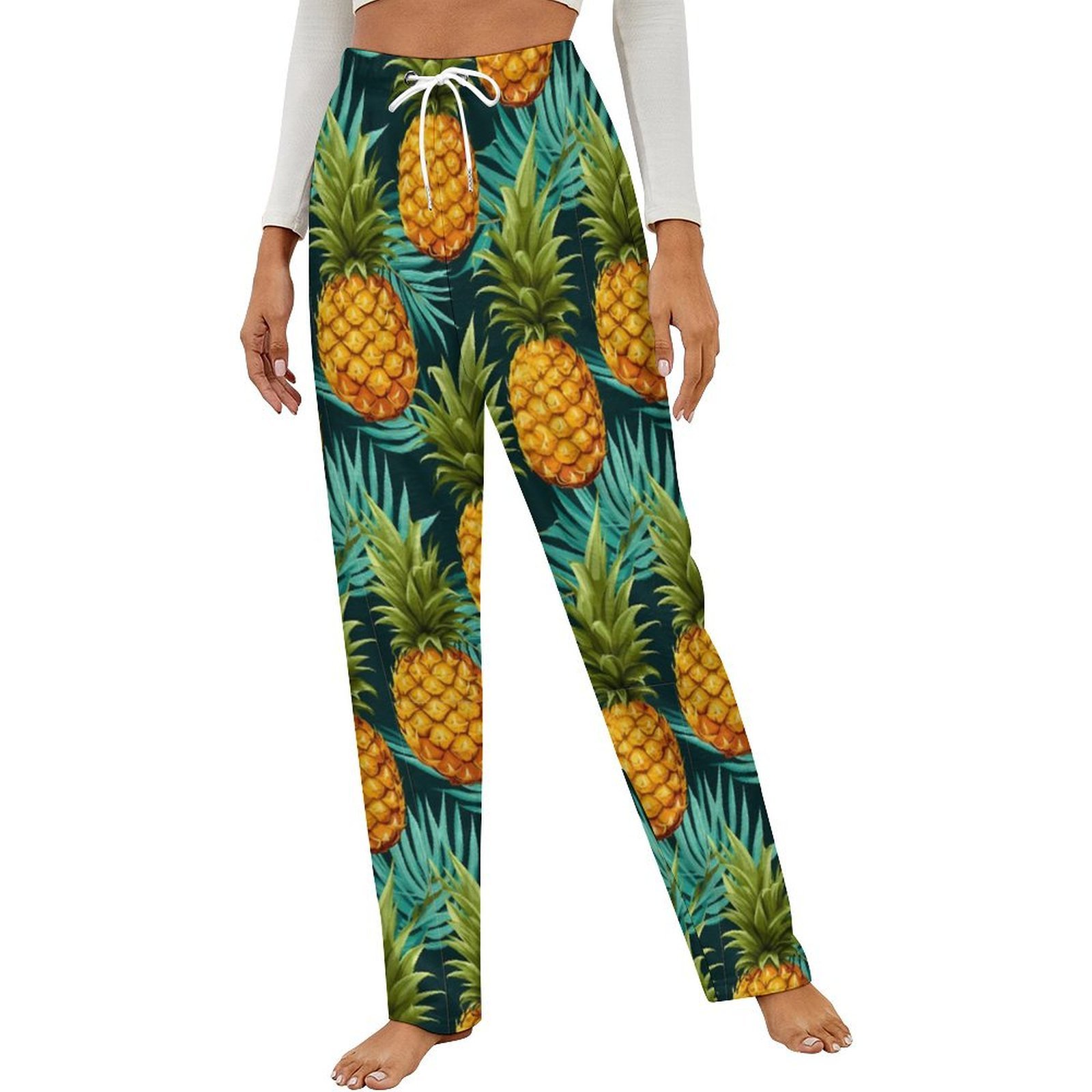 A Close Up Of A Pineapple And Palm Leaves Pattern Winter Female Pants ...