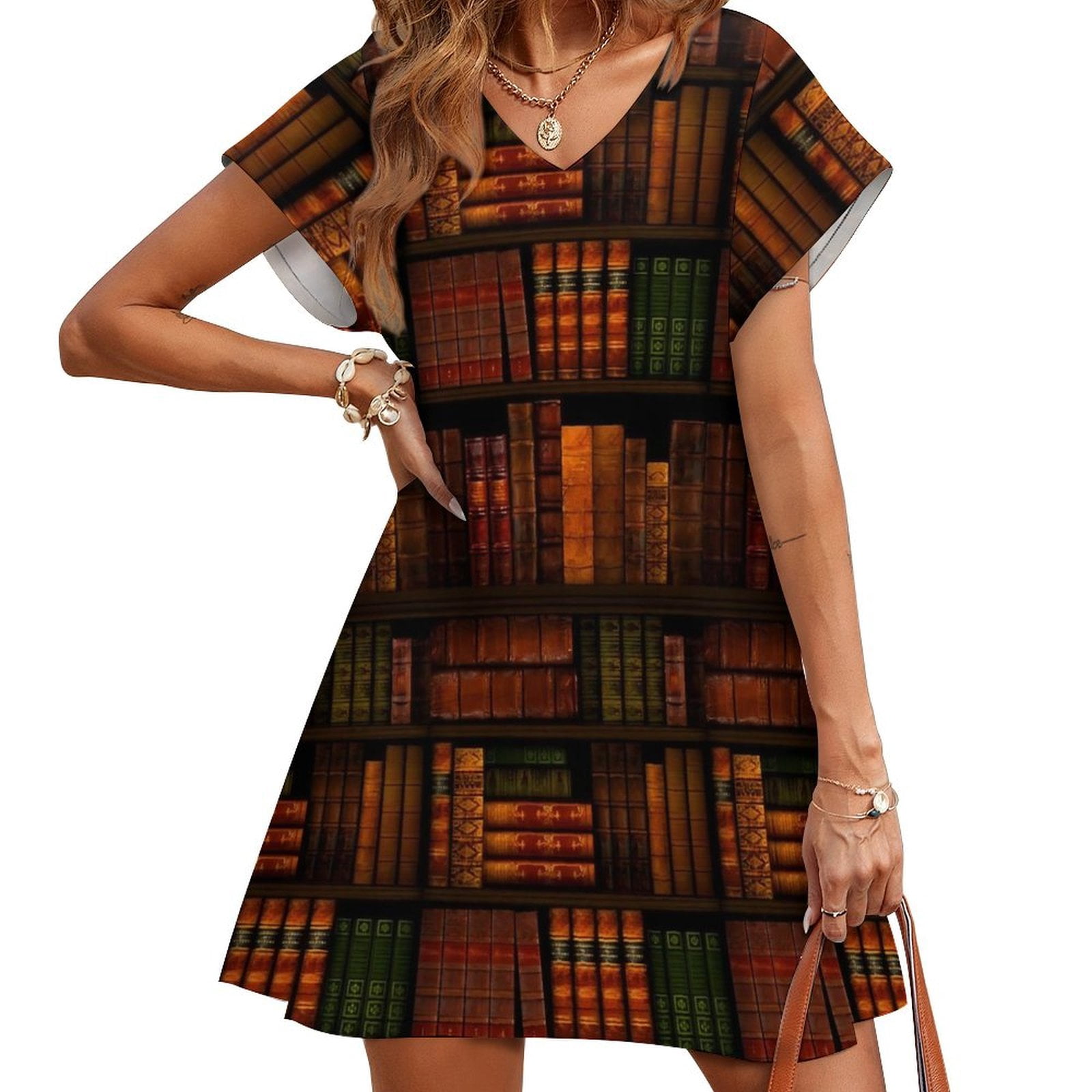 A Close Up of A Book Shelf with Many Books Ladies Summer Short Sleeve ...