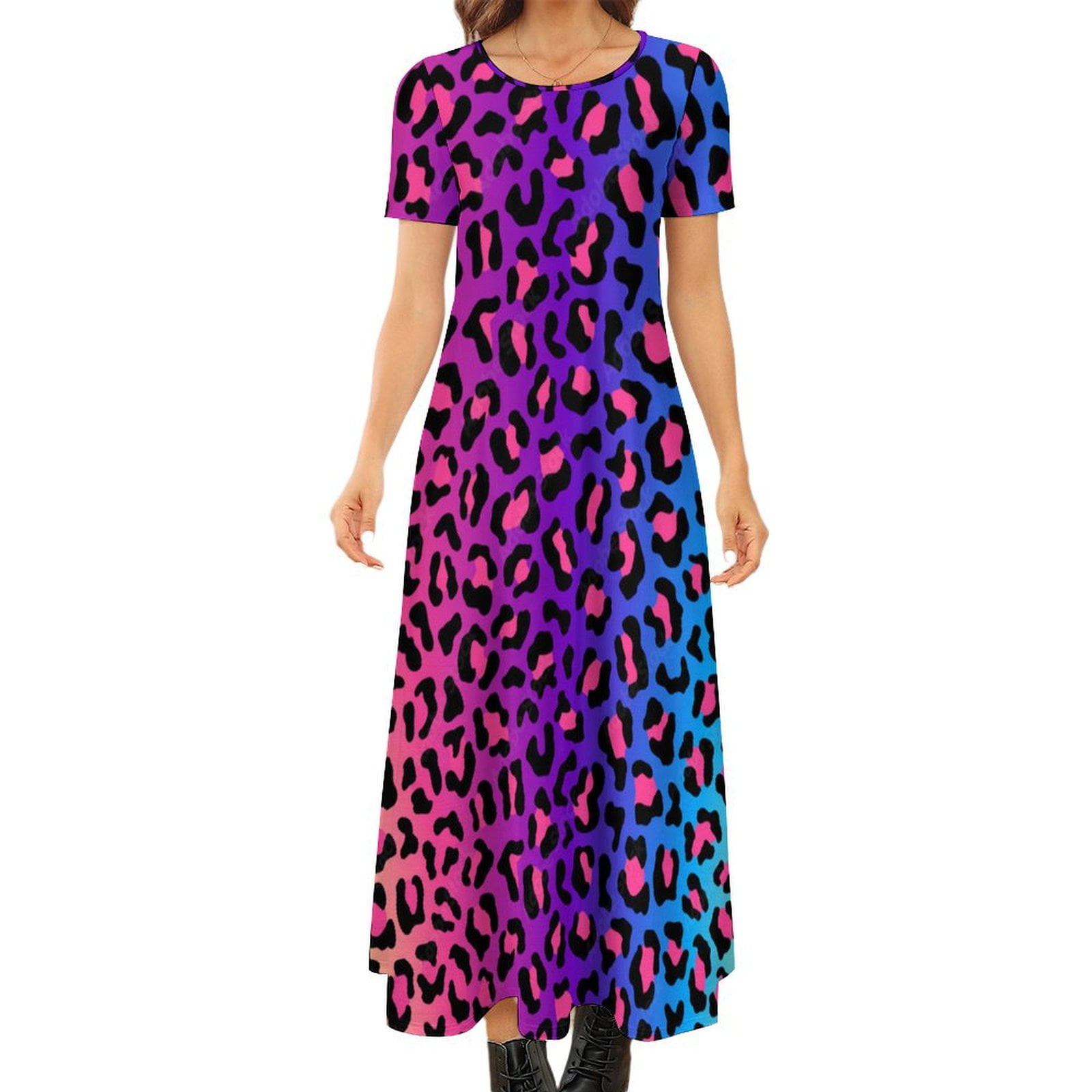 A Colorful Leopard Print Maxi Dress for Women Crew Neck Beach Dress ...