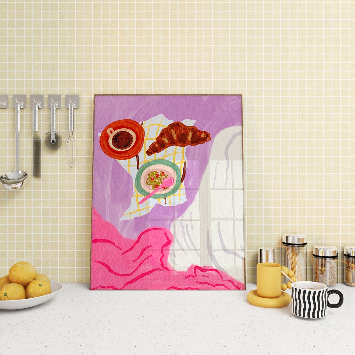 A Colorful Painting Of Italian Breakfast In Bed, Colorful Wall Art ...