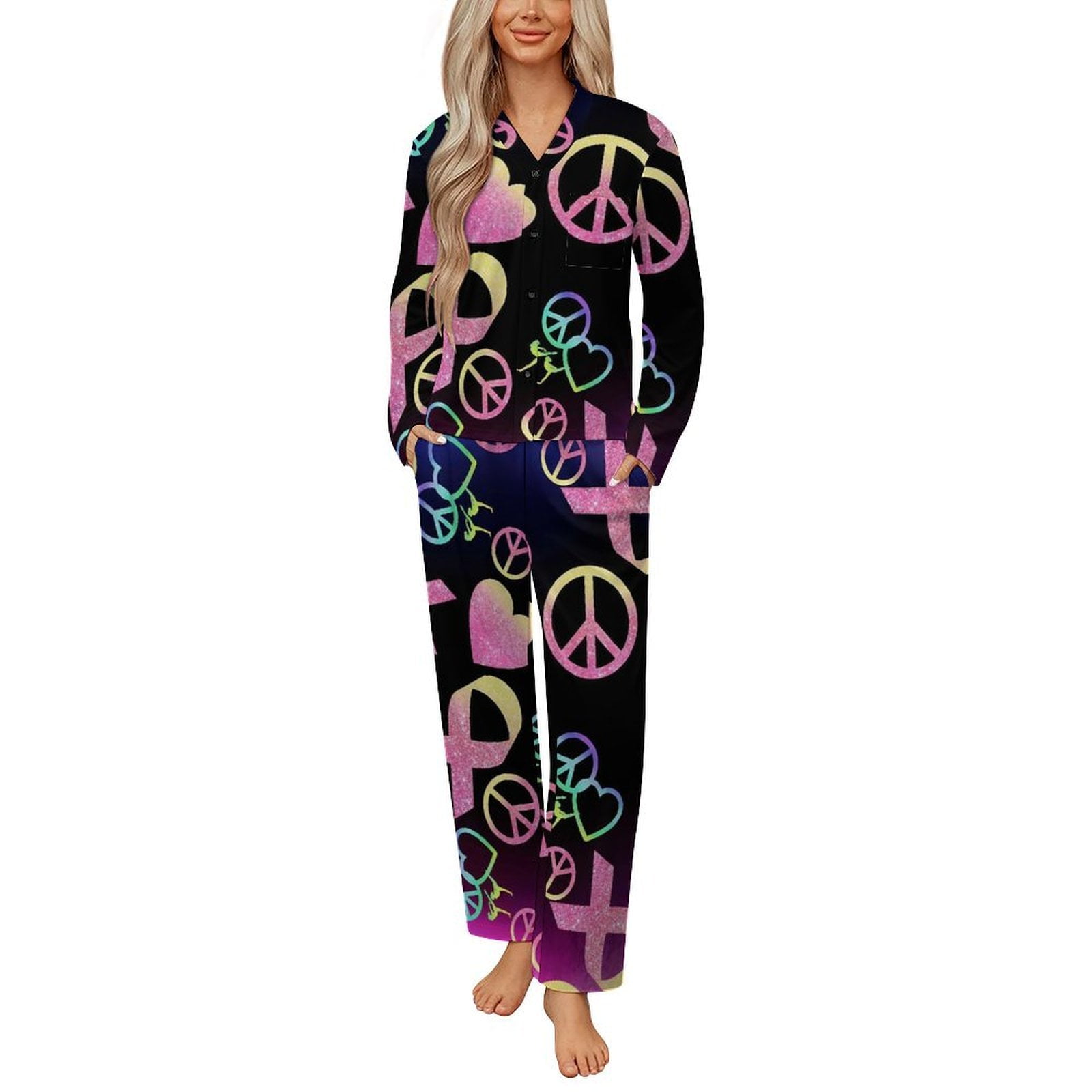 A Colorful Sign with Peace And Ribbon Womens Pyjamas Set Button Up ...