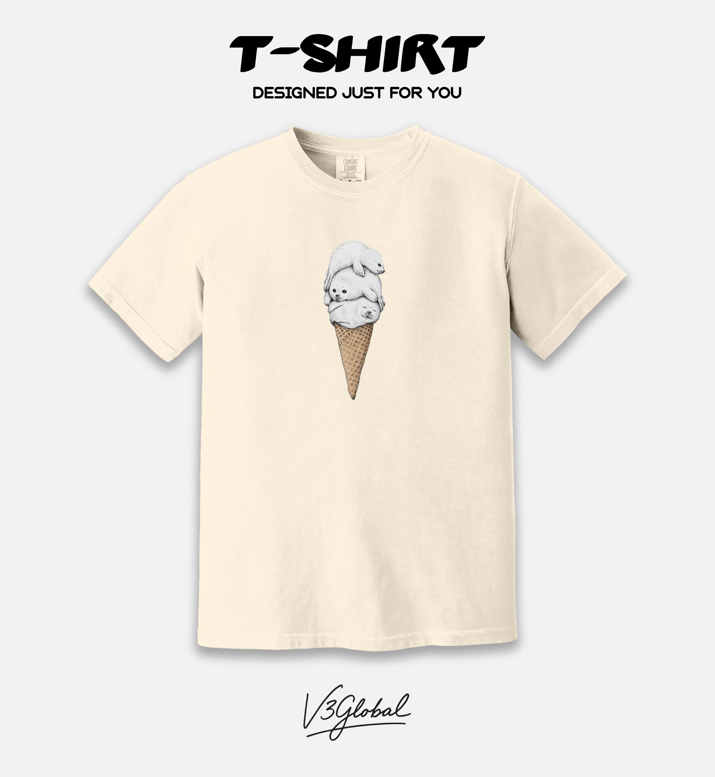 A Cute And Adorable Cartoon Drawing Of A Seal Ice Cream Cone Comfort Color T-Shirt, up to size ...
