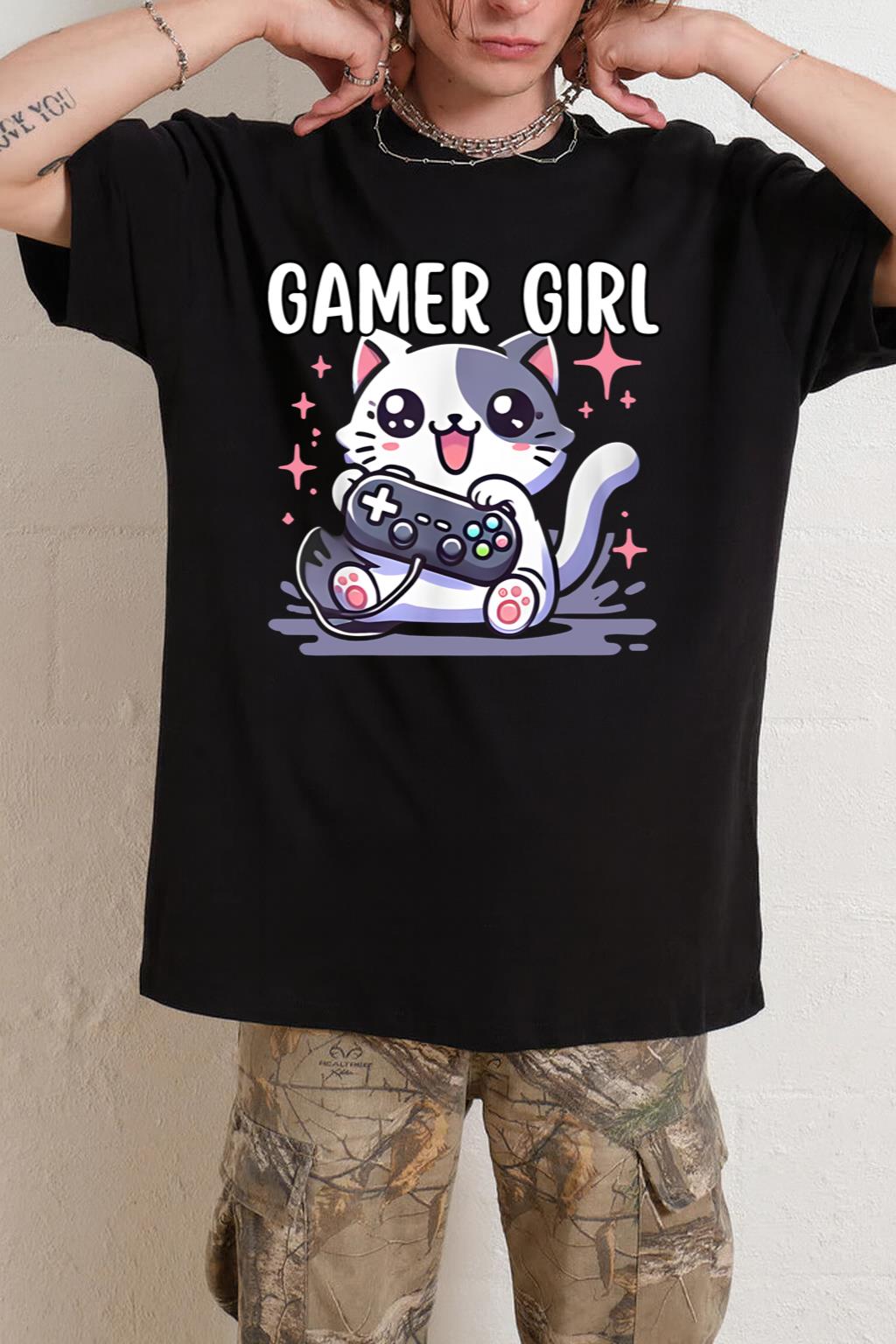 A Cute Gamer Girl Cat Themed Video Game Fan Graphic Unisex T-Shirt up ...