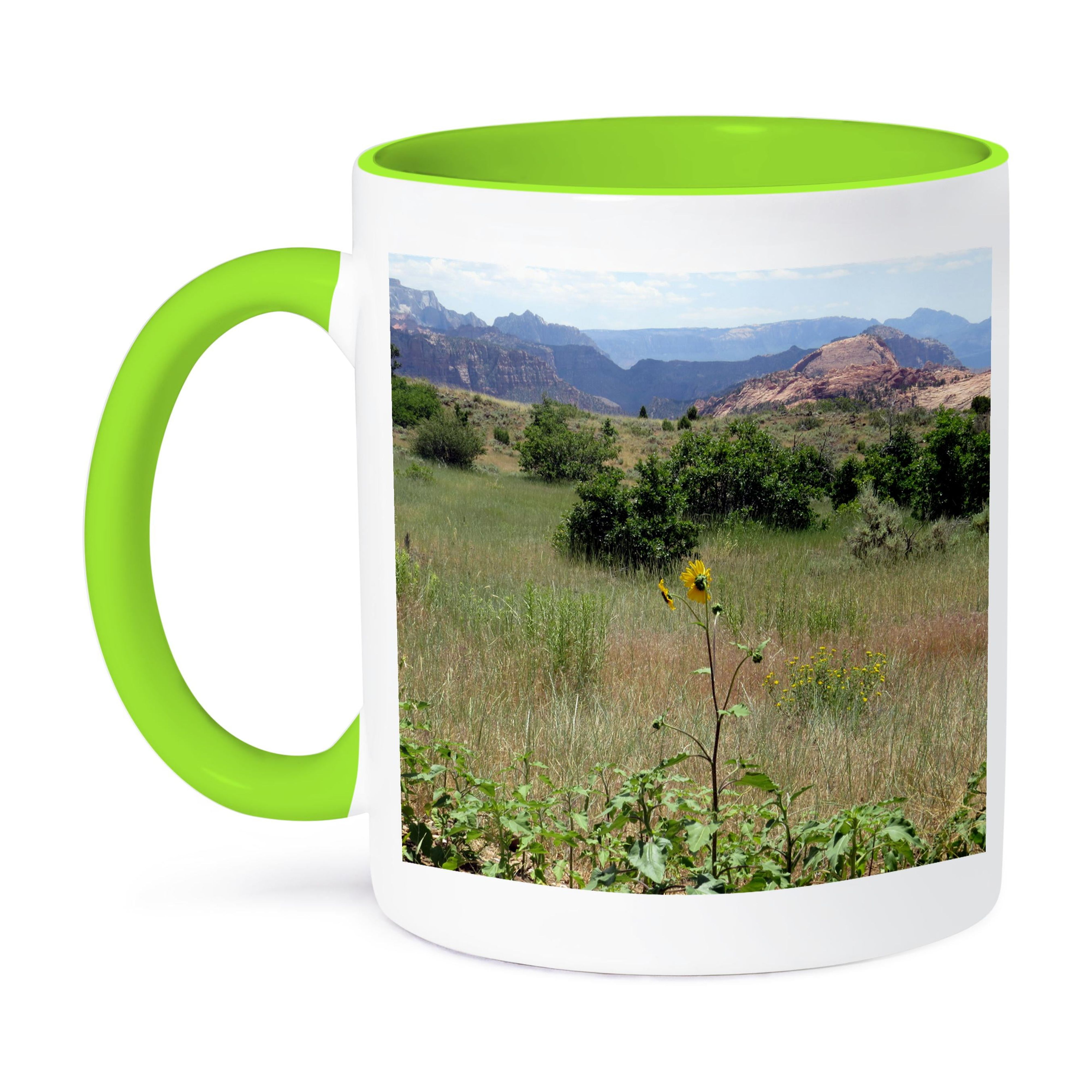 A Daisy Standing Up Front With Lolob Behind It, 15oz Two-Tone Green Mug ...