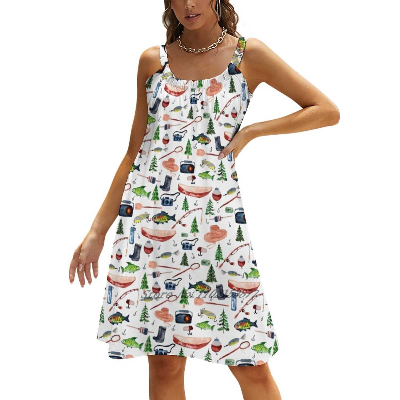 A Day At The Lake Fishing Loose Pocket Dress Women Casual Dress Printed ...