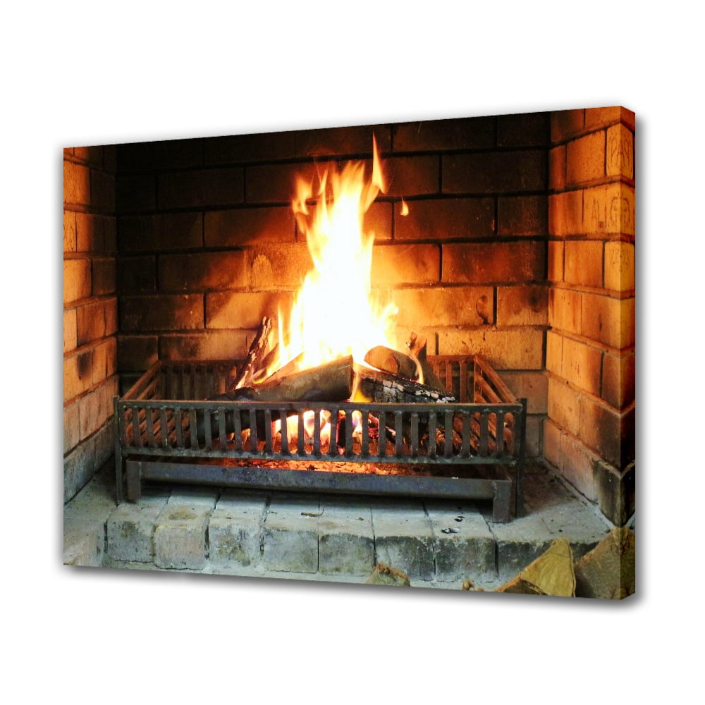 A Fire Roars In A Brick Fireplace Canvas Poster Bedroom Decor Sports ...