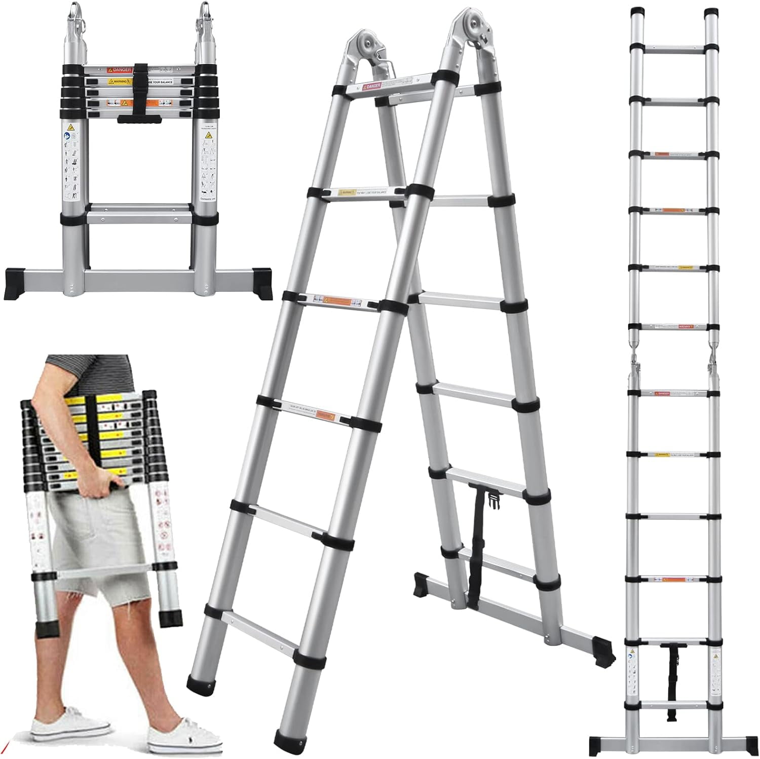 A Frame Telescoping Ladder 12.5FT Aluminum Telescopic Ladder, Portable ...