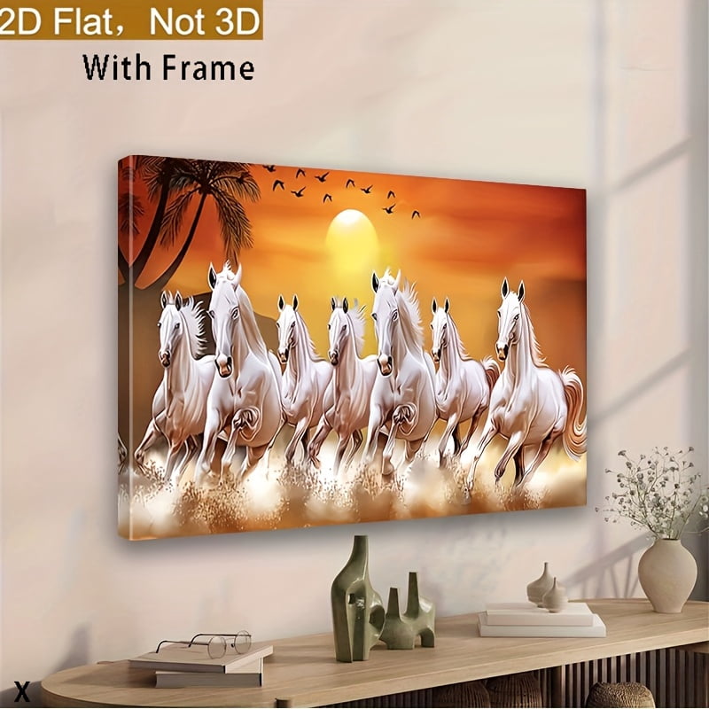 A Framed 2D Flat Artwork Featuring a Lucky Seven-Horse Wall Art, with ...
