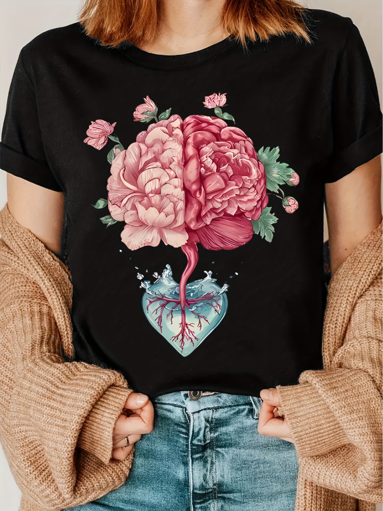 A Fun Heart-Shaped Printed T-Shirt Featuring a Floral Design of The ...