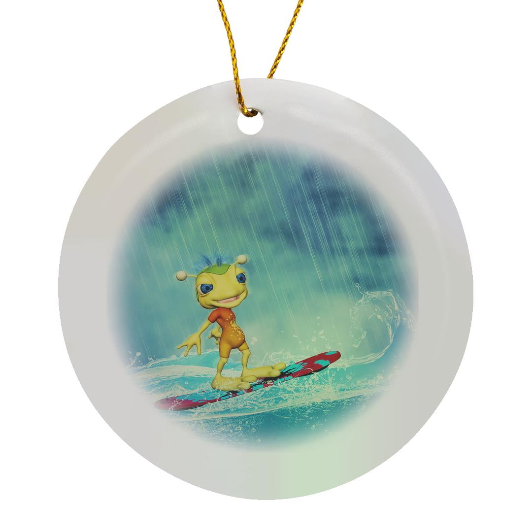 3drose, a Funny Cartoon Alien Surfs in Rainy Weather on the Ocean Waves ...