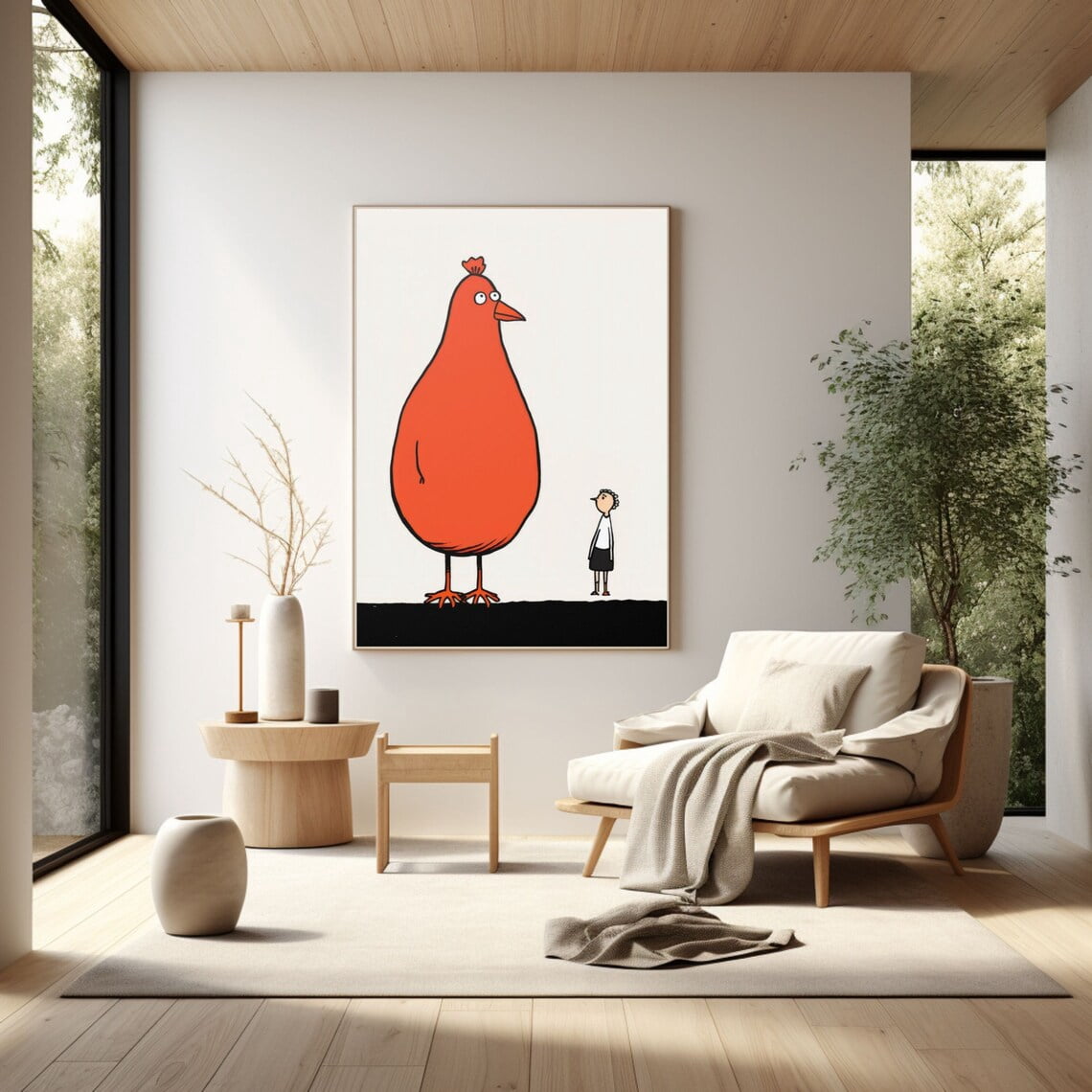 A Girl and Her Bird Original Painting Cute Comic Poster Unframed Paper ...