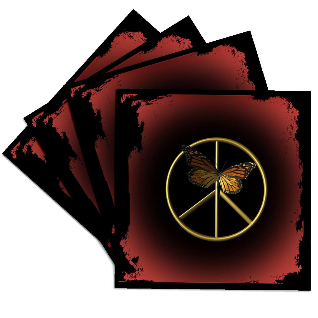 3drose, a Gold Peace Sign with Butterflies, Set of 4 Ceramic Tile ...