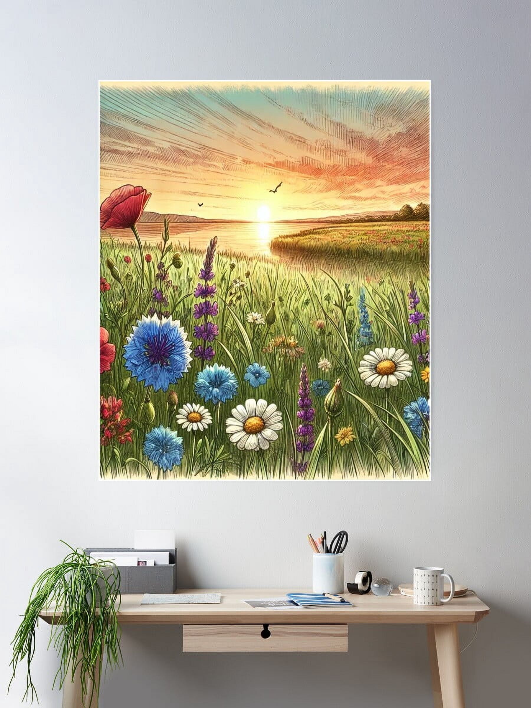 A Grassland Of Flowers With An Sunset Poster Wall Art Modern Wall Decor ...