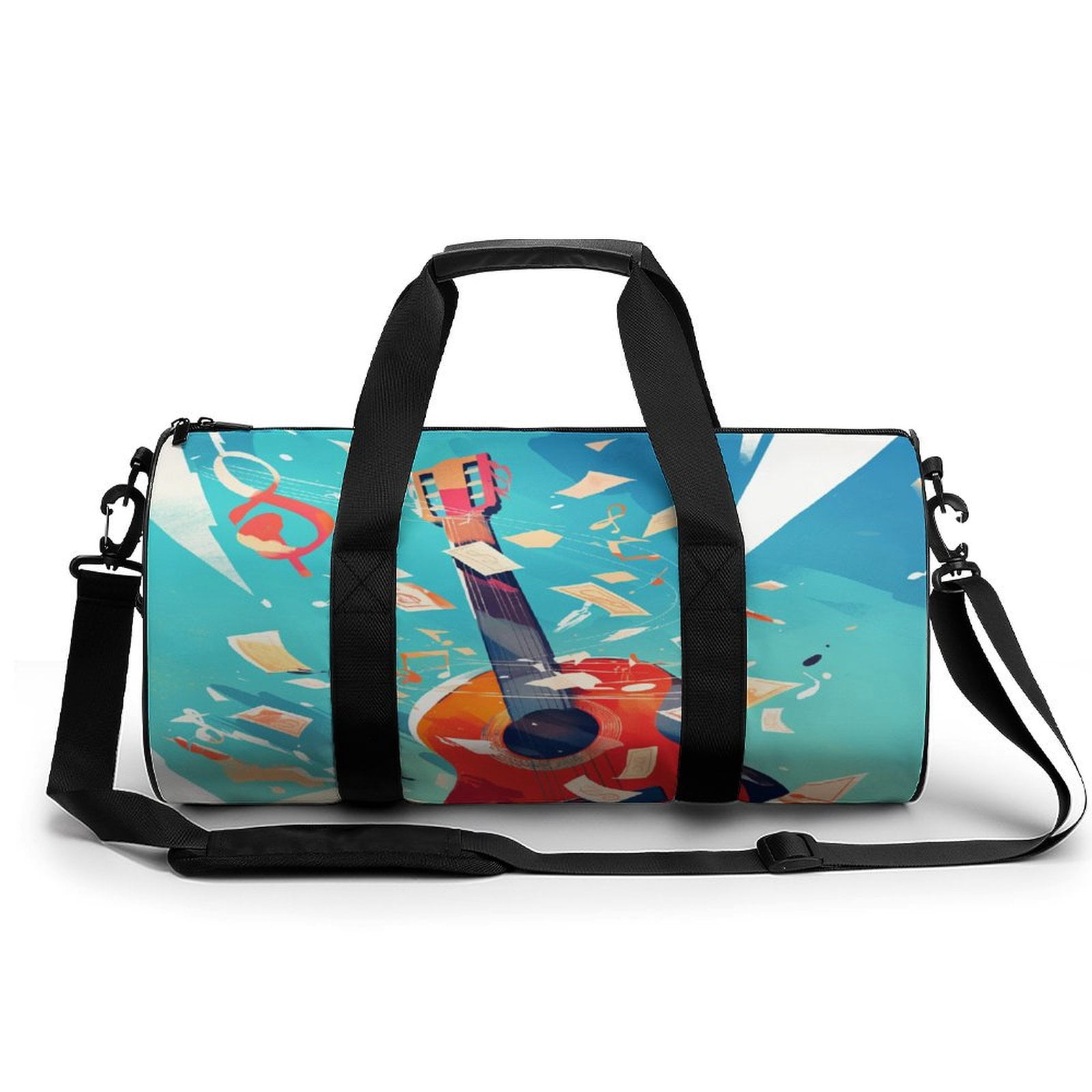 A Guitar Graphic with Notes Floating Around It Gym Bag Luggage Sports ...