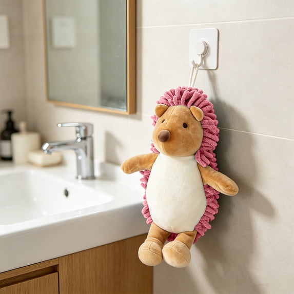 (A)Hot Pink Hedgehog Chenille Cotton Hand Towel, Playful Forest Critter ...