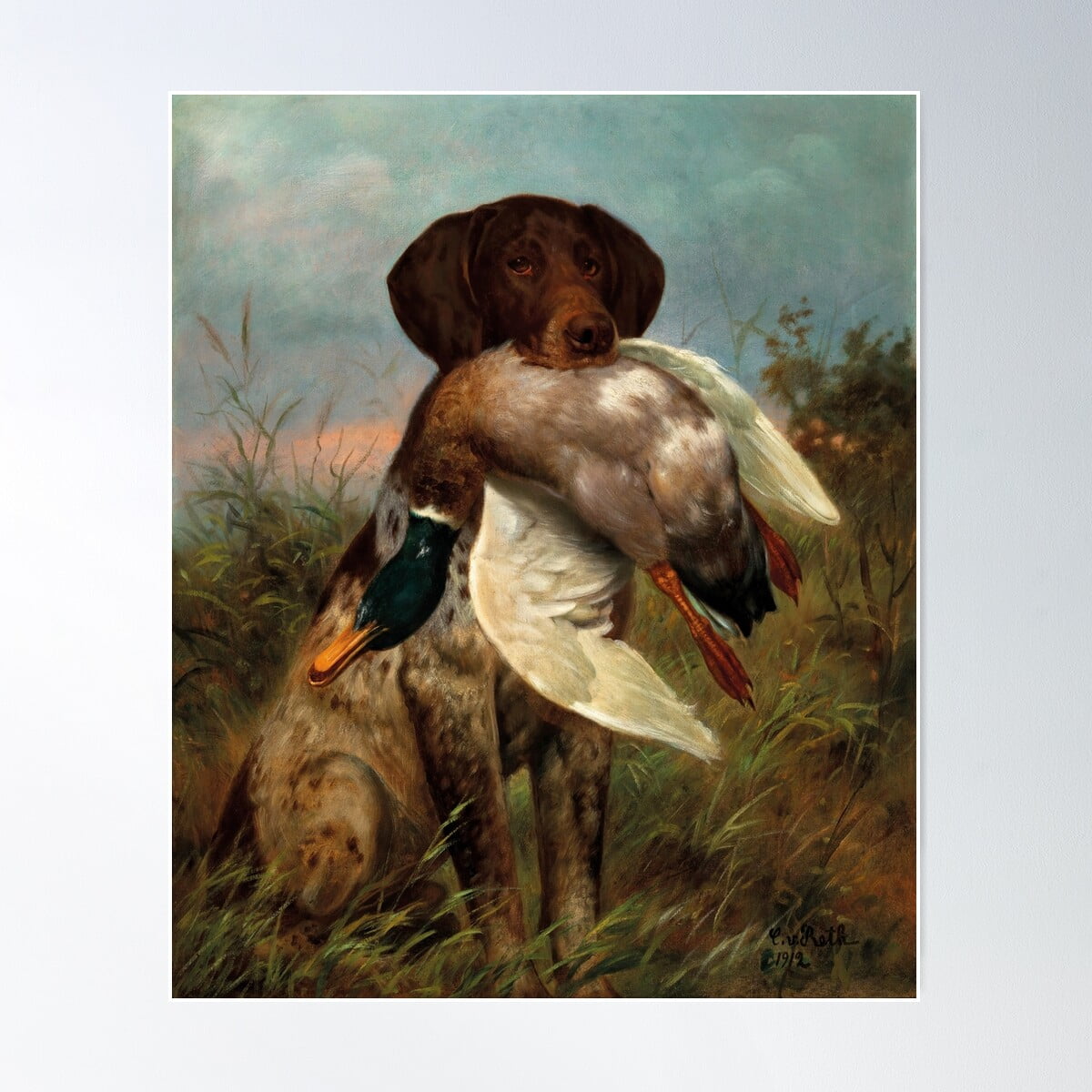 A Hunting Dog With A Duck | Caspar Von Reth | 1912 Hunting Art Poster ...