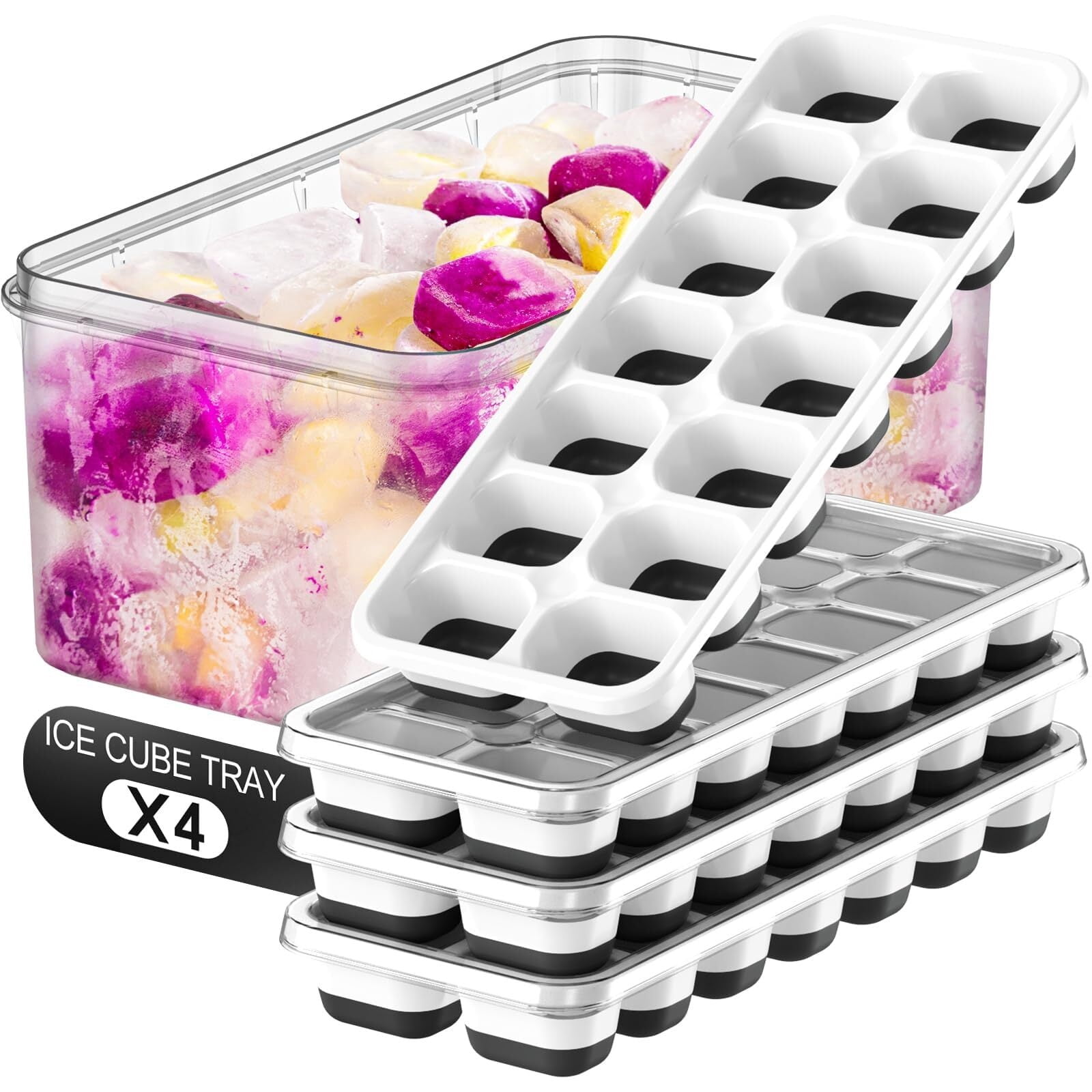A Ice Cube Tray Set 14 Grids: BPA-Free Sturdy Reusable Freezer Ice ...