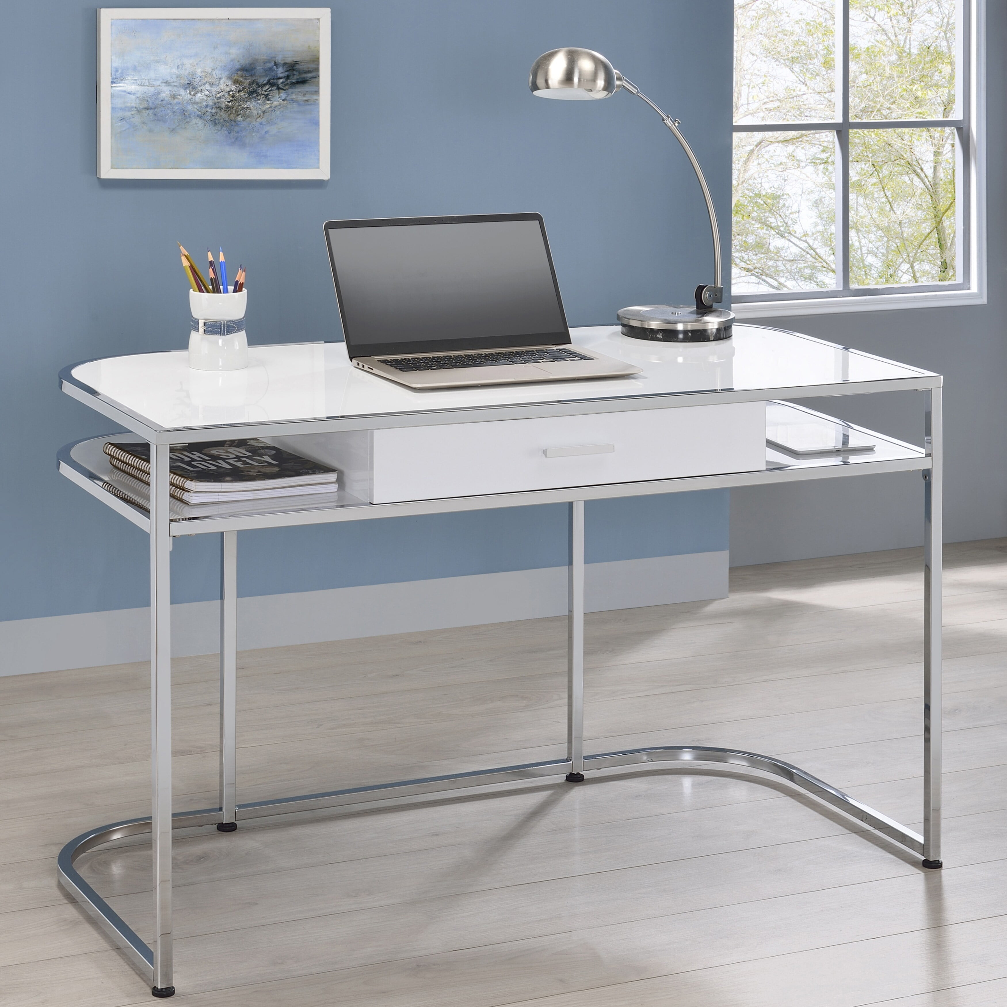 A Line Furniture Trendy High Gloss White Home Office Desk and 4 Tier ...