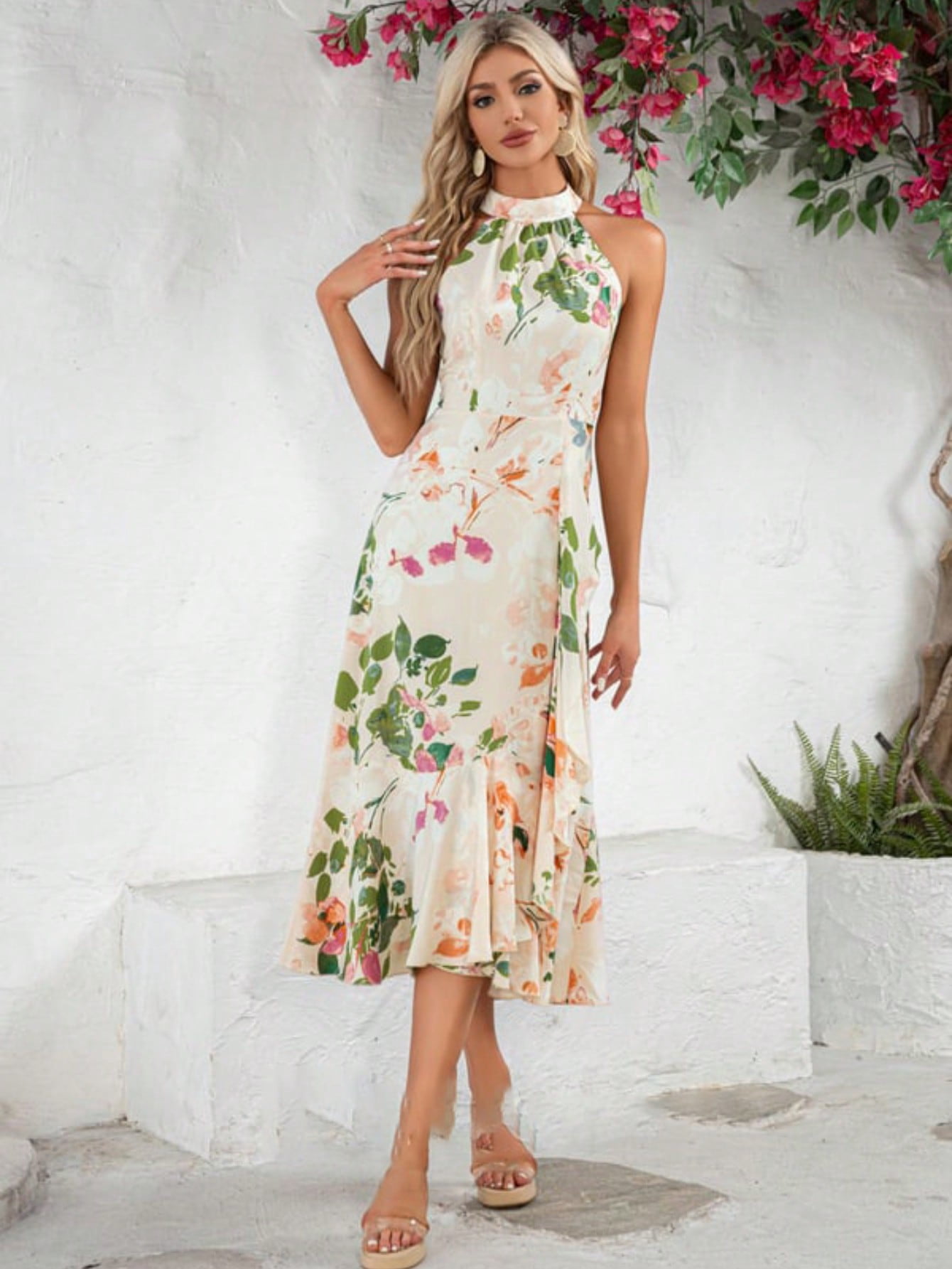 A-Line High Neck Halter Tea-Length Satin Chiffon Cocktail Dress With ...