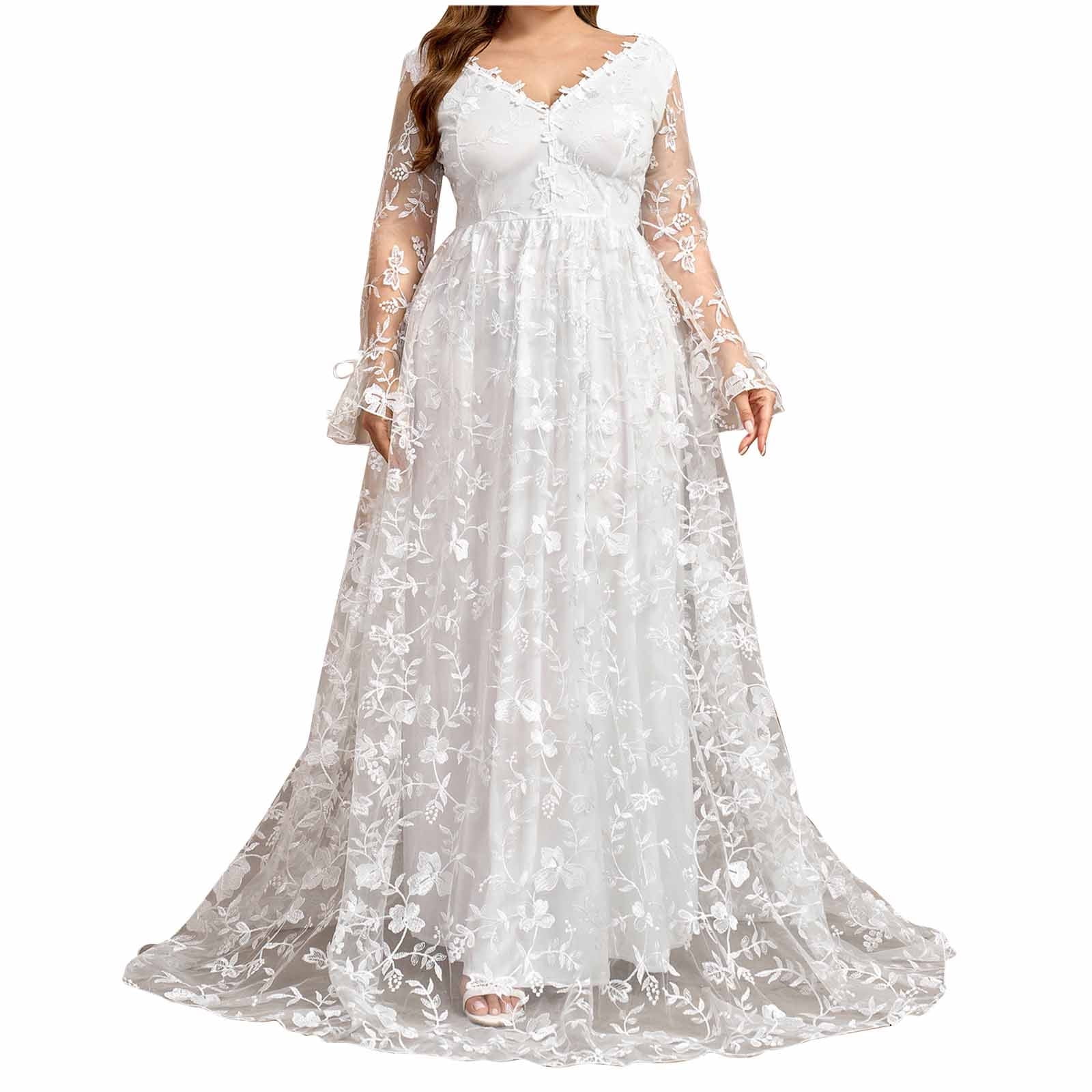 A Line Plus Size Wedding Dress for Women Graphic Embroidery Sheer Mesh ...
