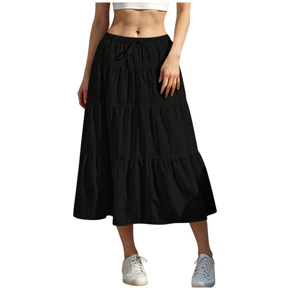 A-Line Skirt Summer Pleated Elastic Drawstring Midi Skirt Tiered Ruffle ...
