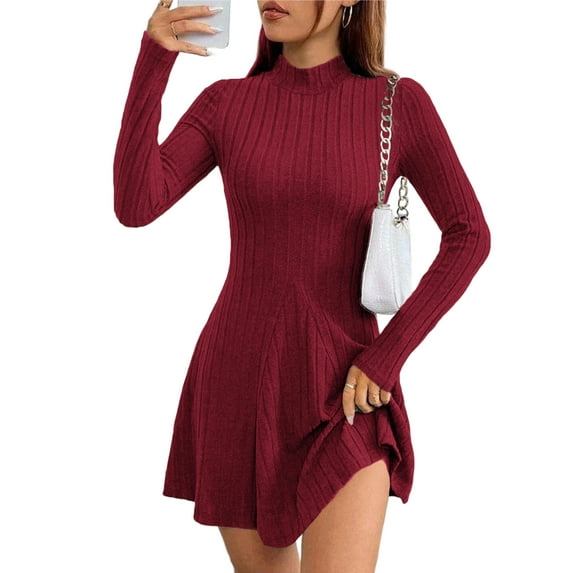 A-Line Sweater Dress, Solid Color High Neck Long Sleeve Belted Fit ...