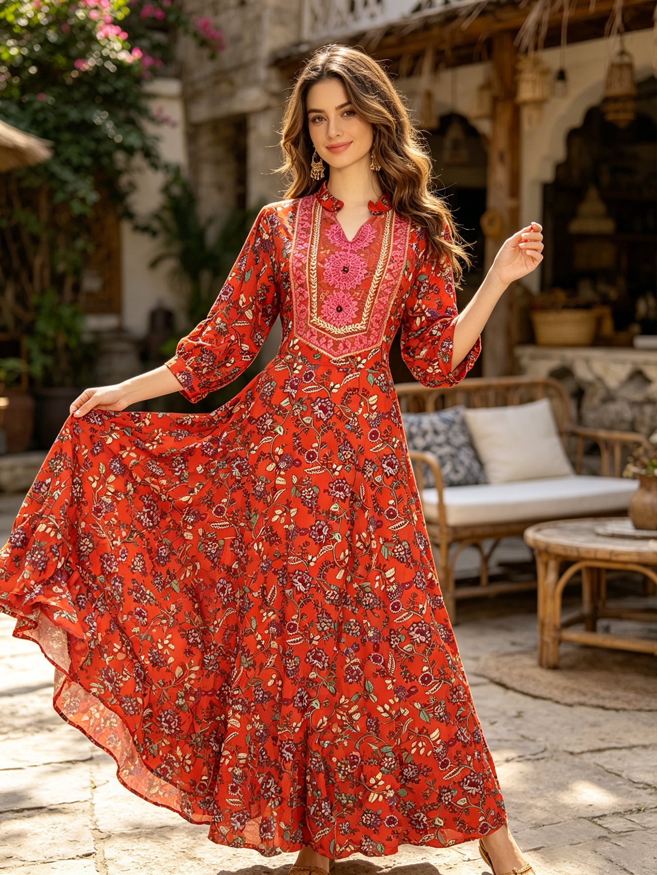 A-Line Woven Floral Maxi Dress with Heavy Bib Embroidery and Tiered ...