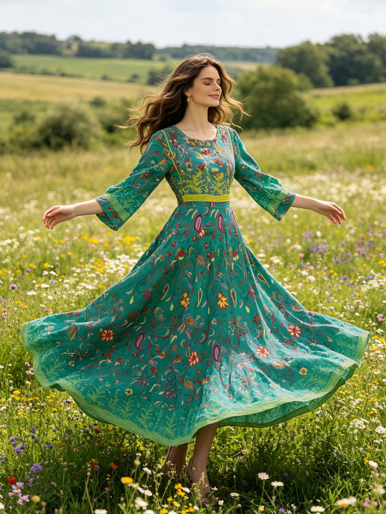 A-Line Woven Polyester Maxi Dress with Heavy Bib Embroidery and Paisley ...