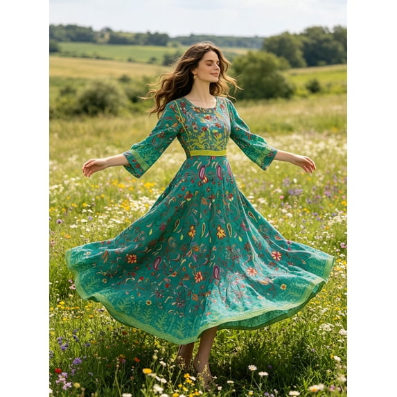 A-Line Woven Polyester Maxi Dress with Heavy Bib Embroidery and Paisley ...