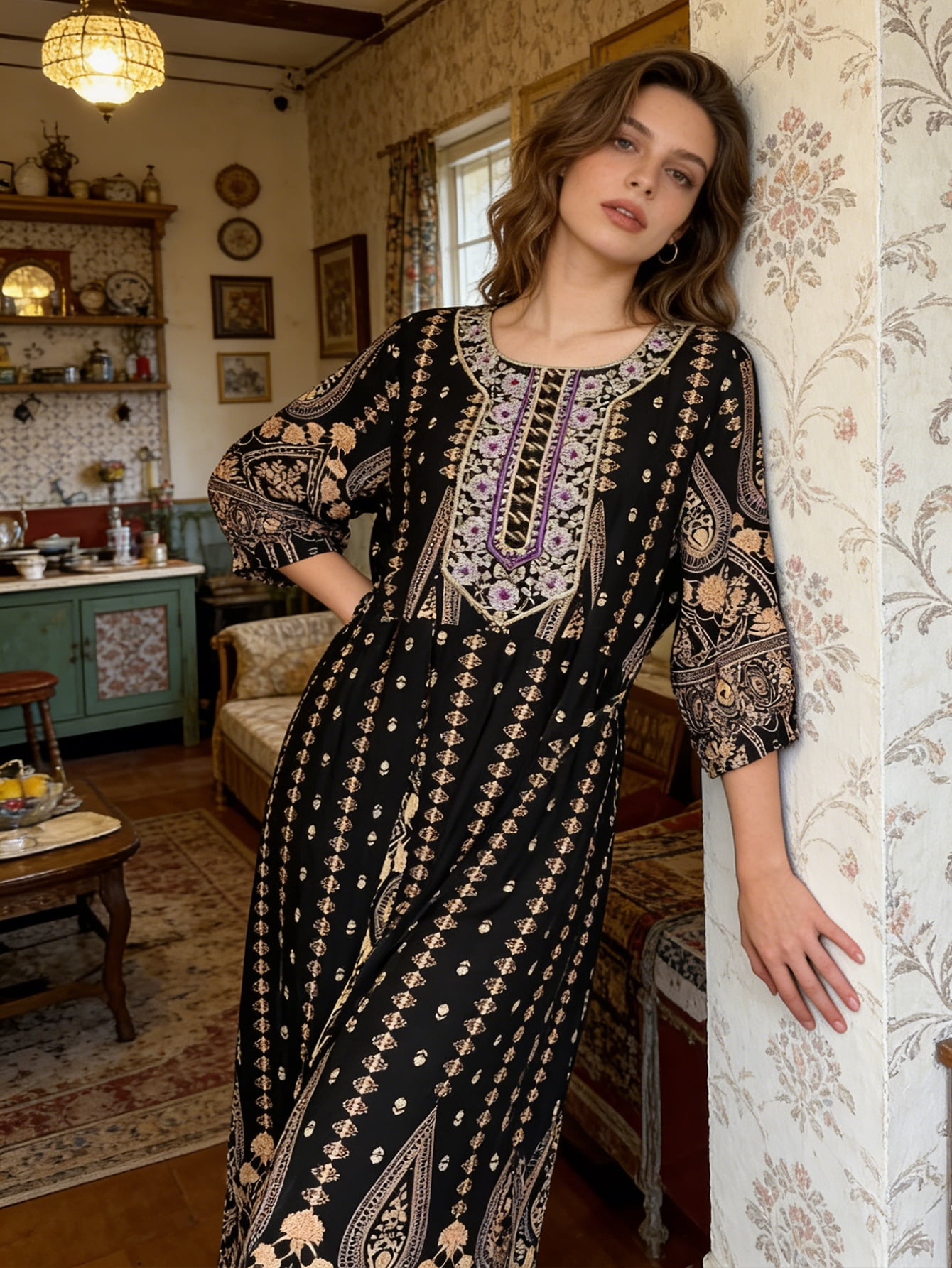 A-Line Woven Polyester Maxi Dress with Purple Border Print and Tie Belt ...