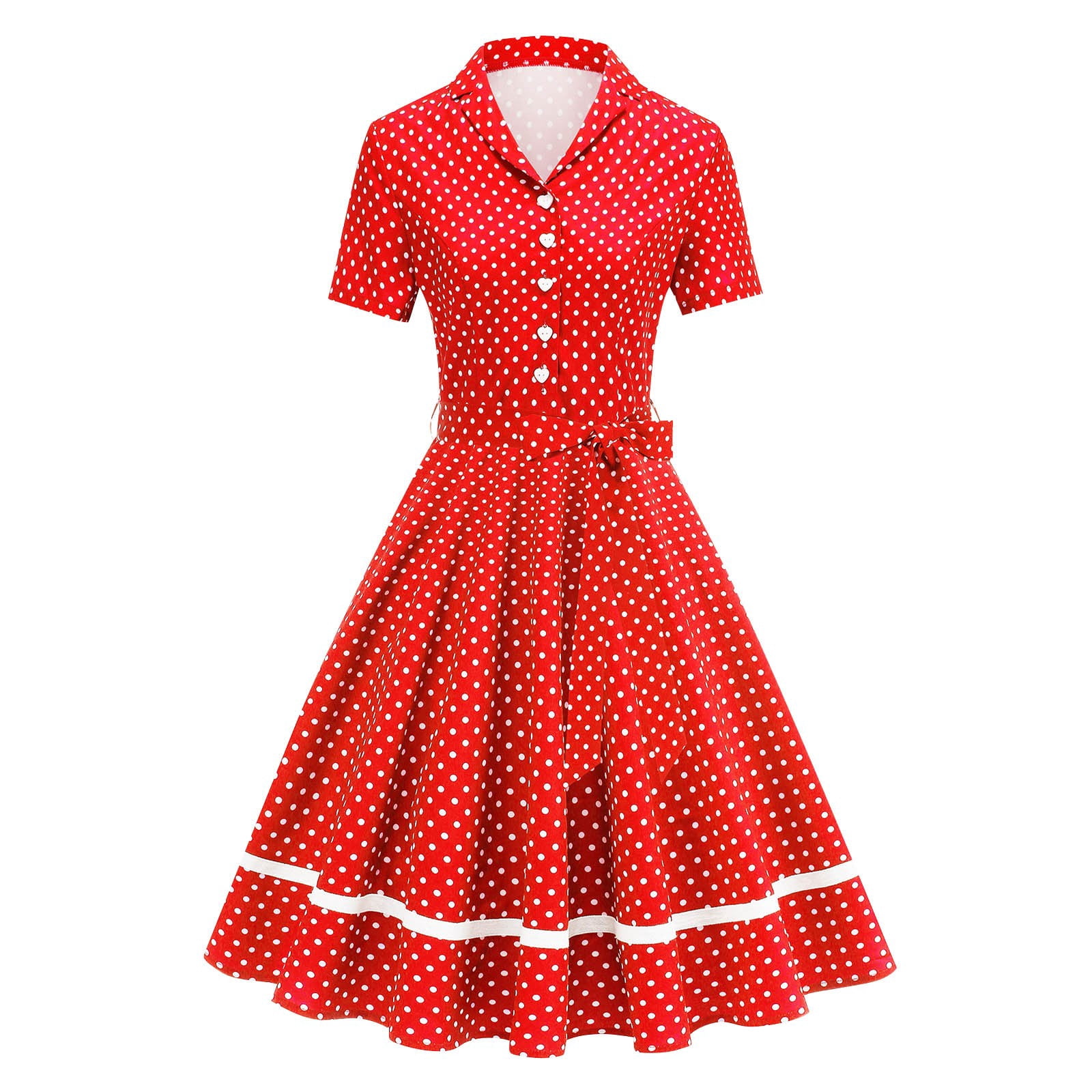 A Lined Dress Short Sleeve Lapel Collar Button Down Dot Pattern Belt ...