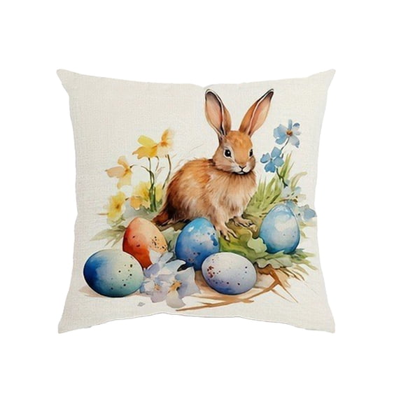A Linen Easter Pillow Cover With Cartoon Bunny And Egg Pattern For Sofa ...