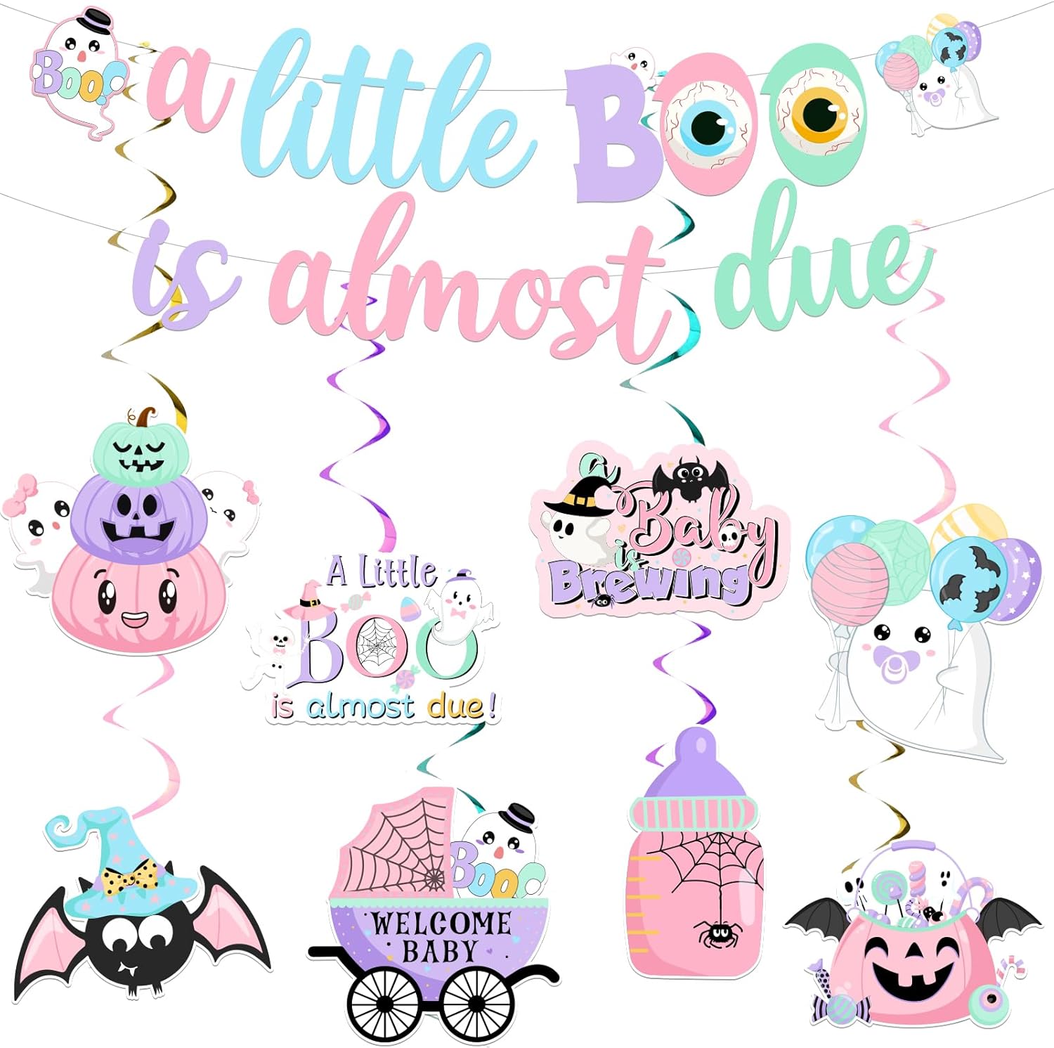 A Little Boo Is Almost Due Banner Boo Pumpkin Bat Hanging Swirls Pastel ...