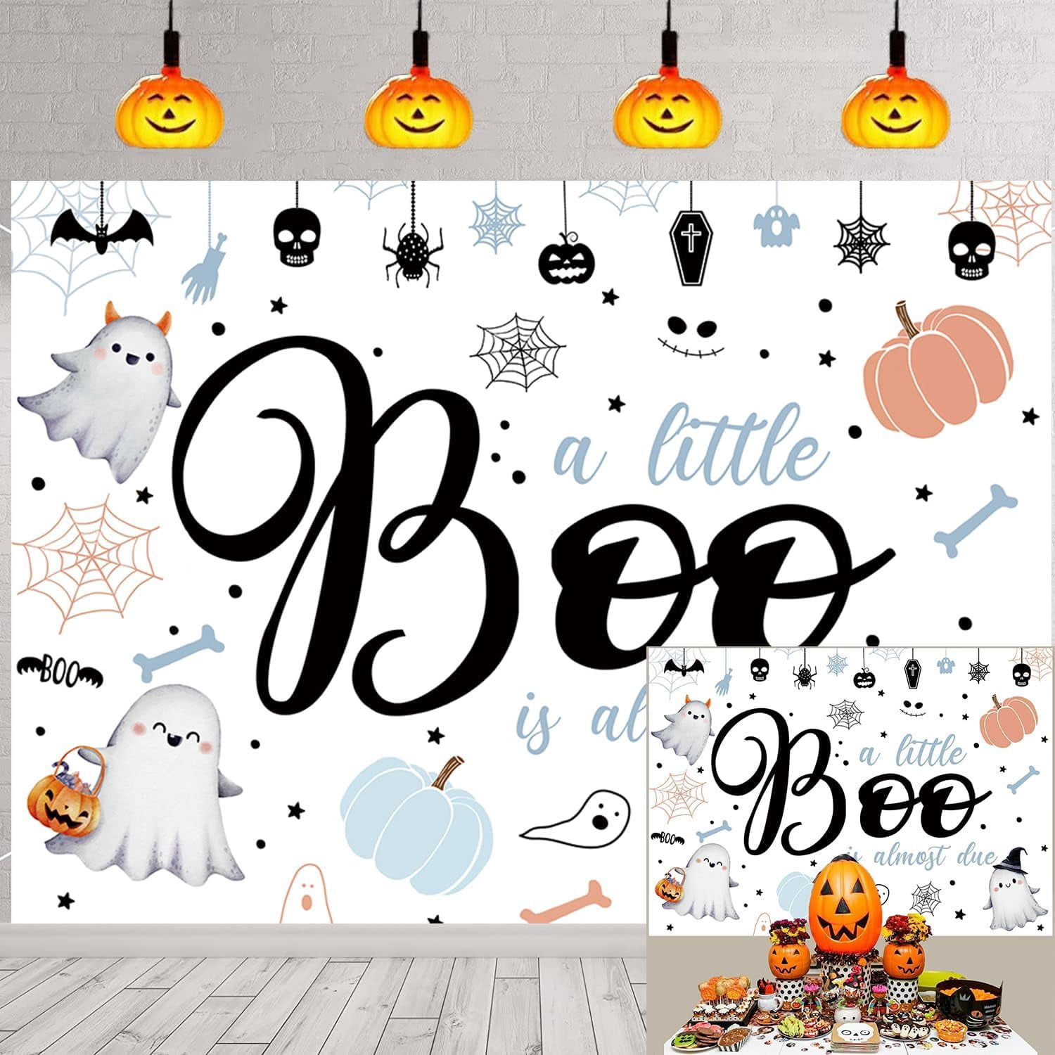 A Little Boo is Almost Due Backdrop Blue Halloween Bat Kids Party ...