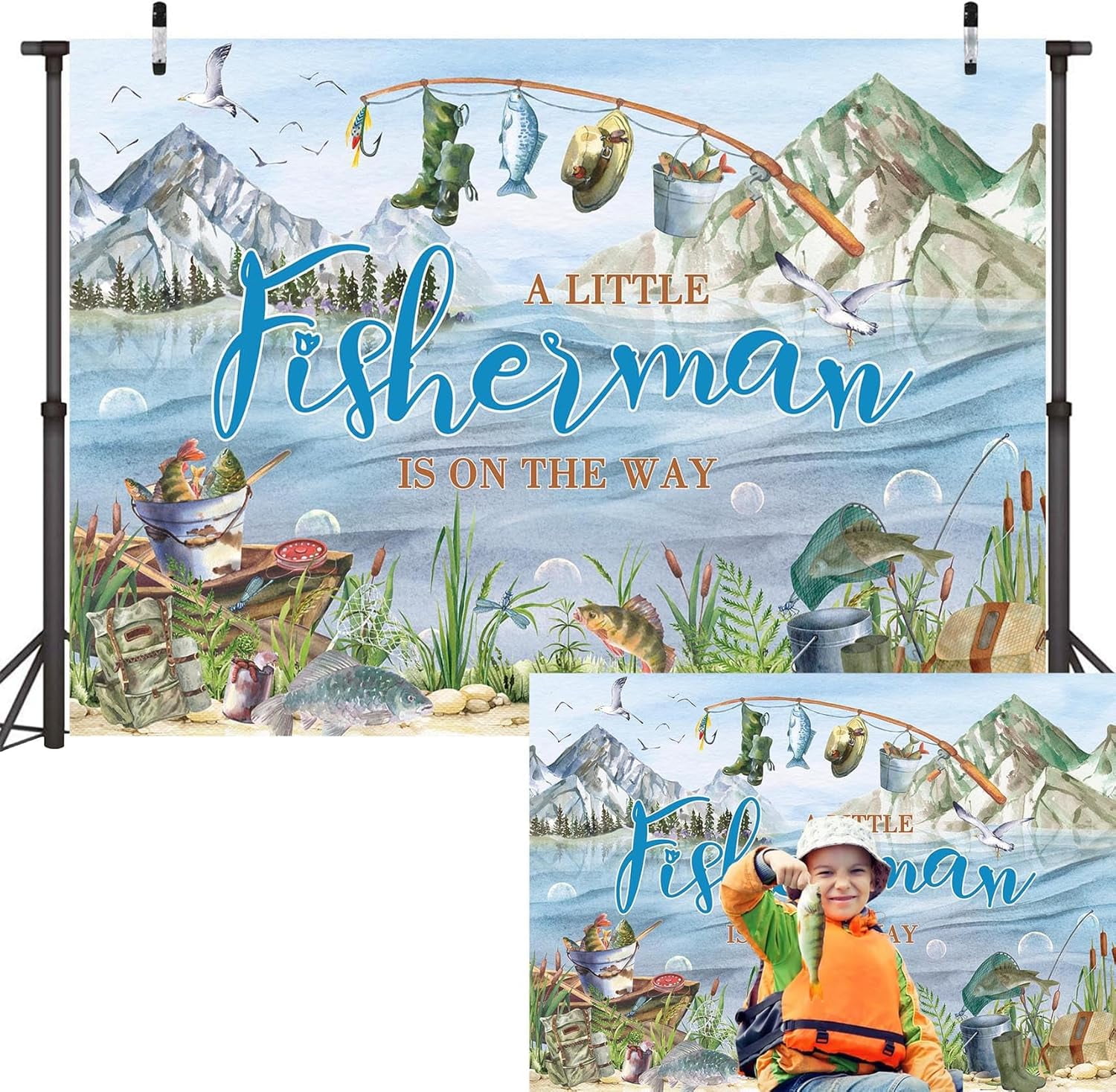 A Little Fisherman is On The Way Backdrop Fishing Baby Shower Backdrop ...